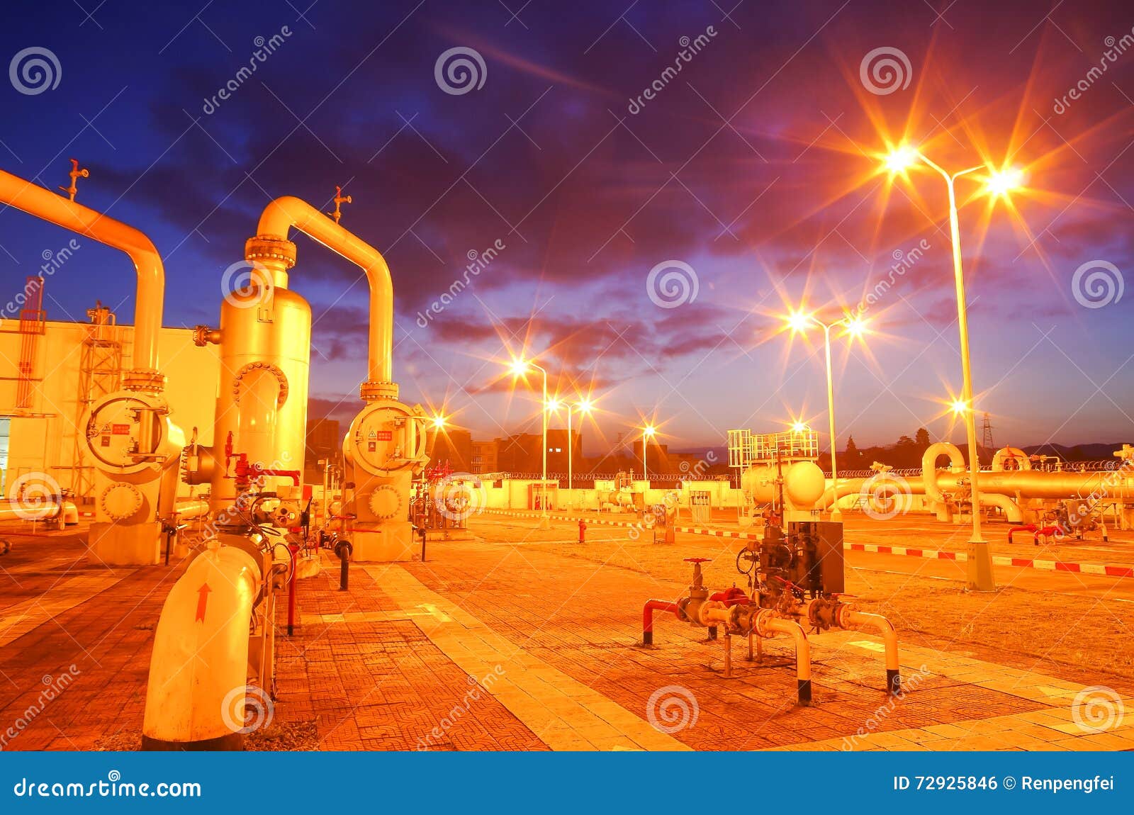 Gas pipeline at night editorial photo. Image of equipment - 72925846
