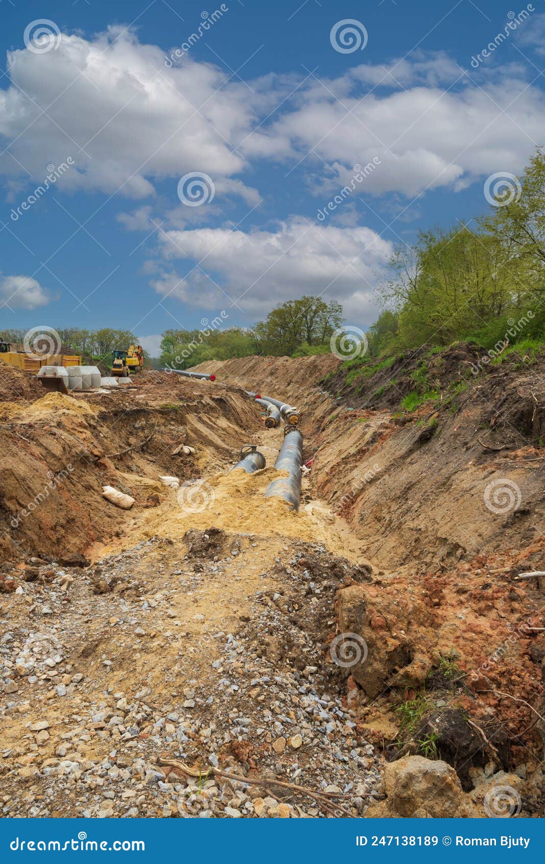 Gas Pipeline Under Construction. Black Pipes Buried in the Ground Stock ...