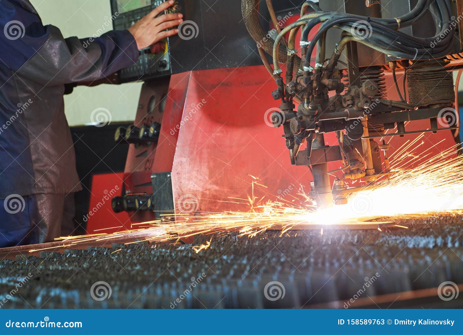 Gas Plasma Cutting. Metal Machining with Sparks on CNC Maching Stock ...
