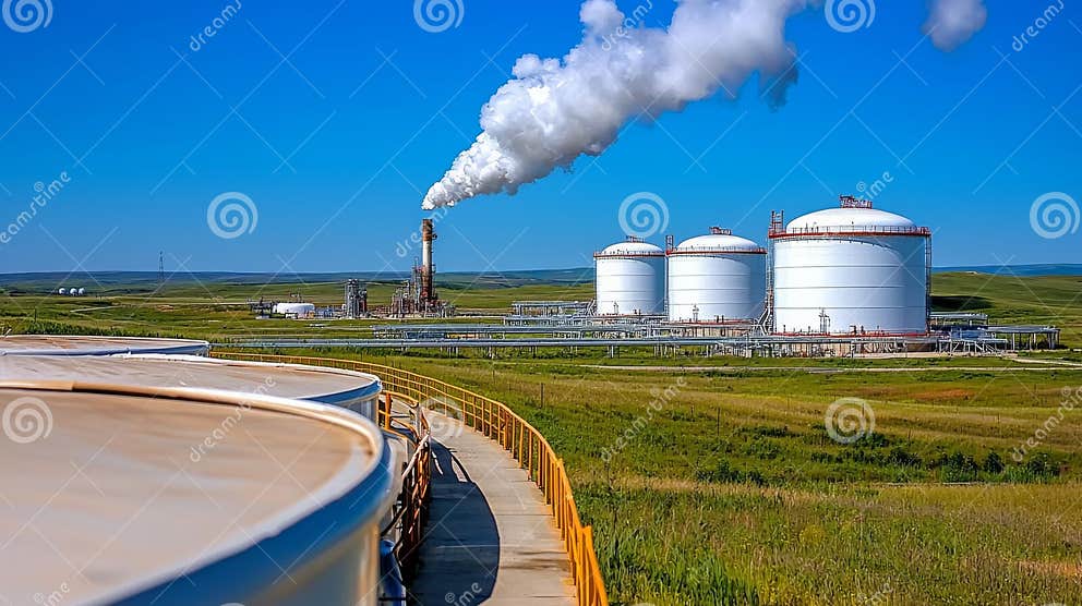 Gas Processing Facility Surrounded by Green Fields Under a Clear Blue ...