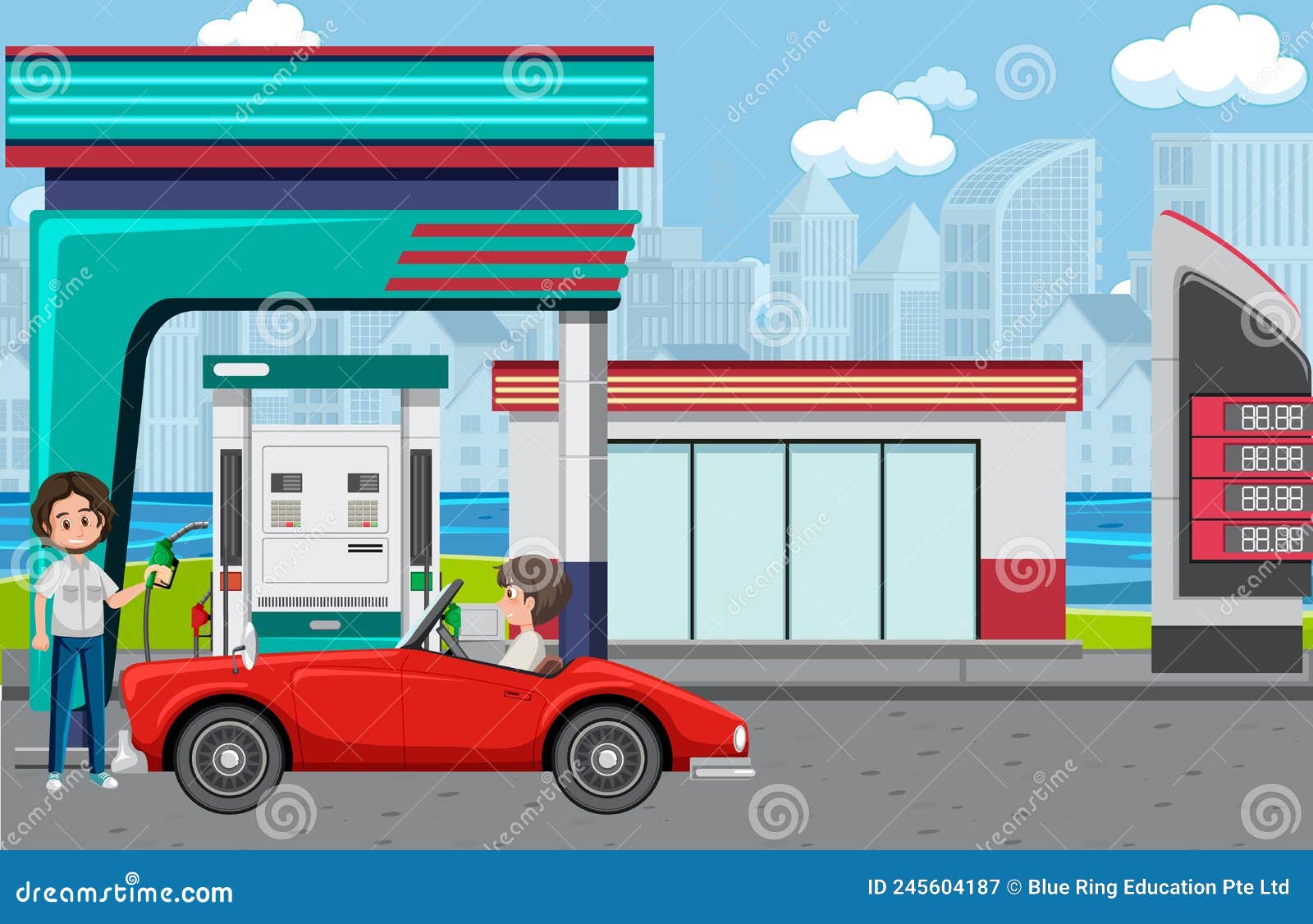 Gas station cartoon scene stock vector. Illustration of outside - 245604187