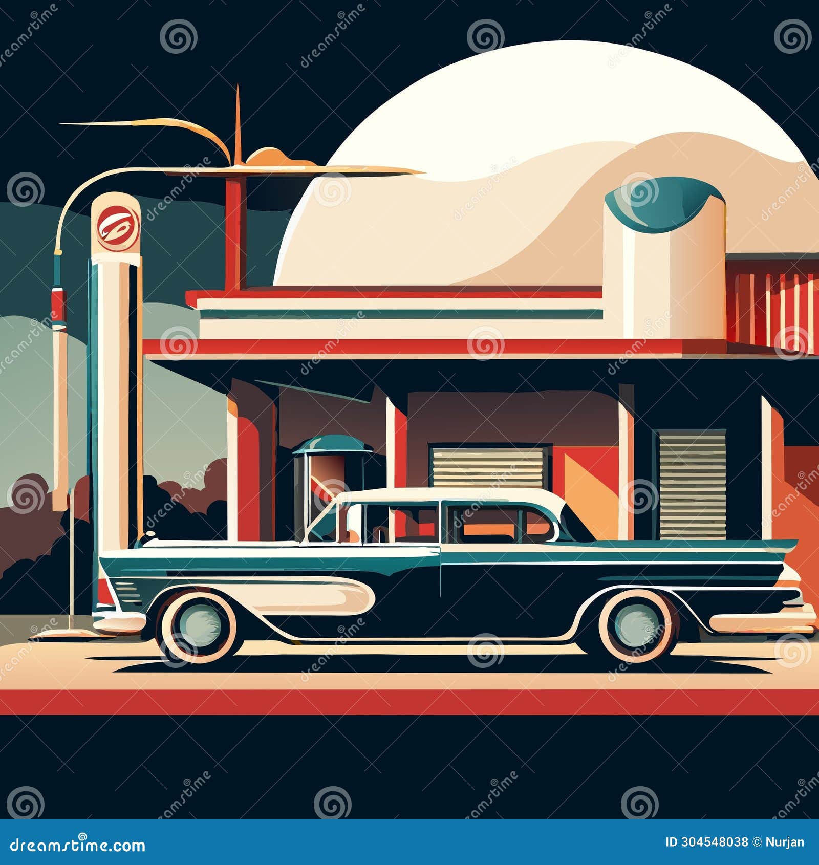 Gas Station in the City. Vector Illustration Stylized As an Old Artwork ...