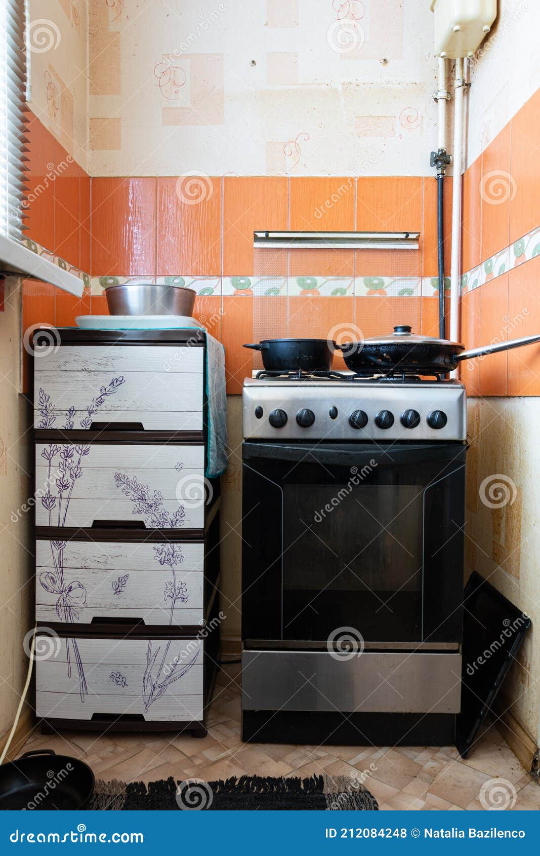 Gas Stove in an Old Kitchen and a Plastic Box Stock Photo - Image of ...