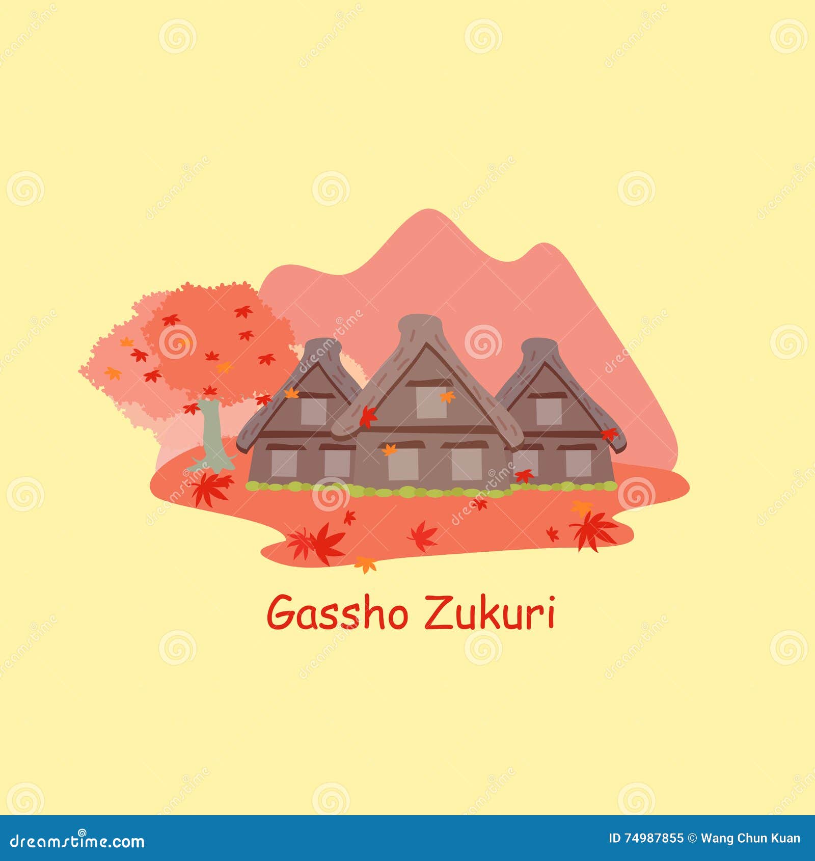 Gassho zukuri and maple stock vector. Illustration of fall - 74987855