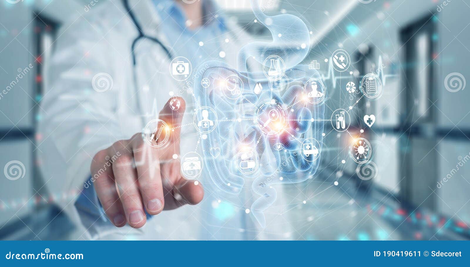 Gastroenterologist Using Digital X-ray Of Human Intestine Holographic ...