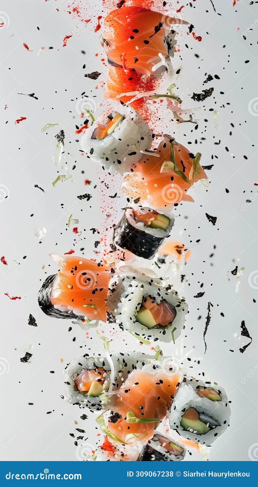 Gastronomic Firework: Sushi Explosion and Sparkling Ingredient Scatter ...