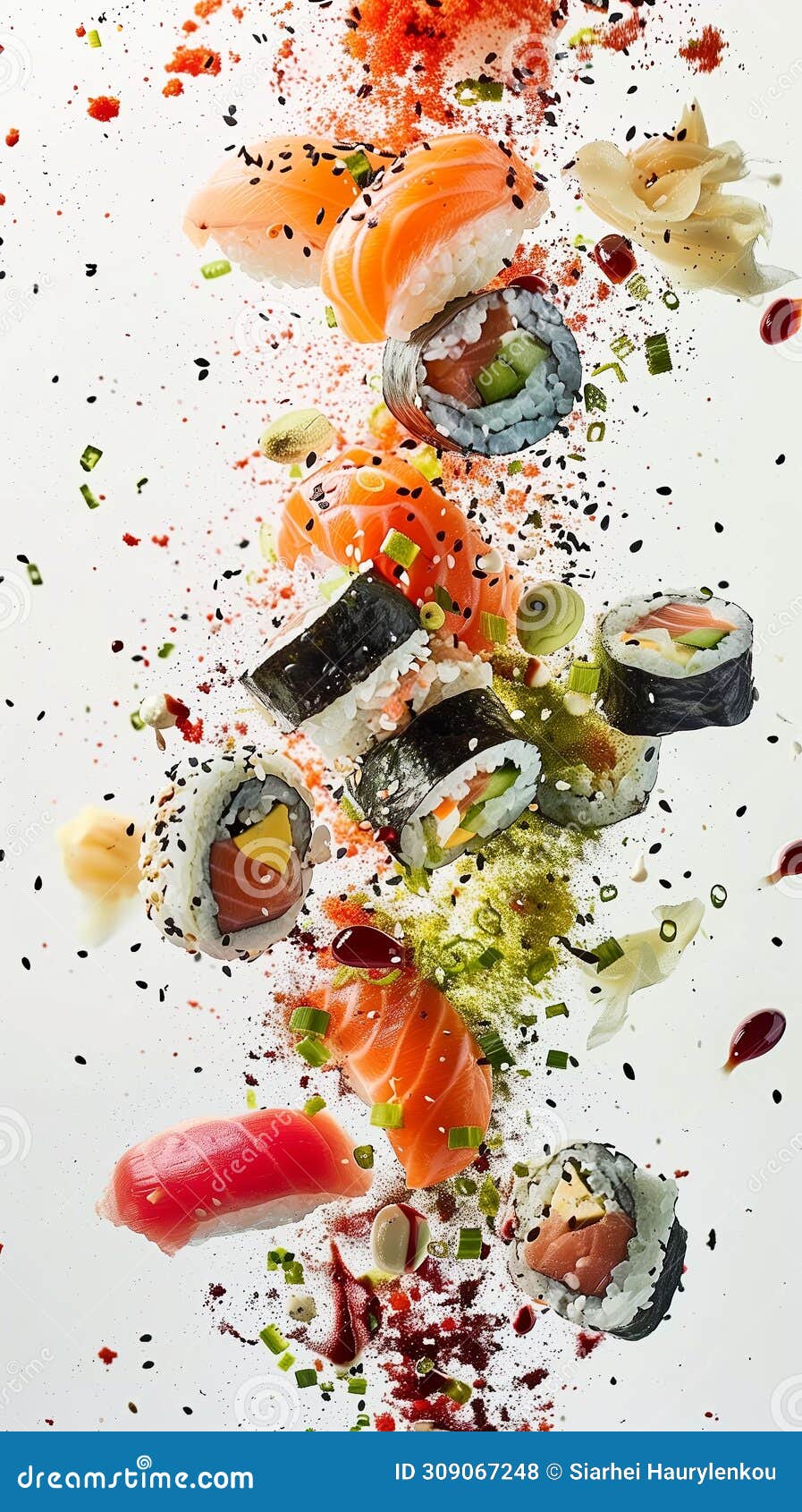 Gastronomic Firework: Sushi Explosion and Sparkling Ingredient Scatter ...