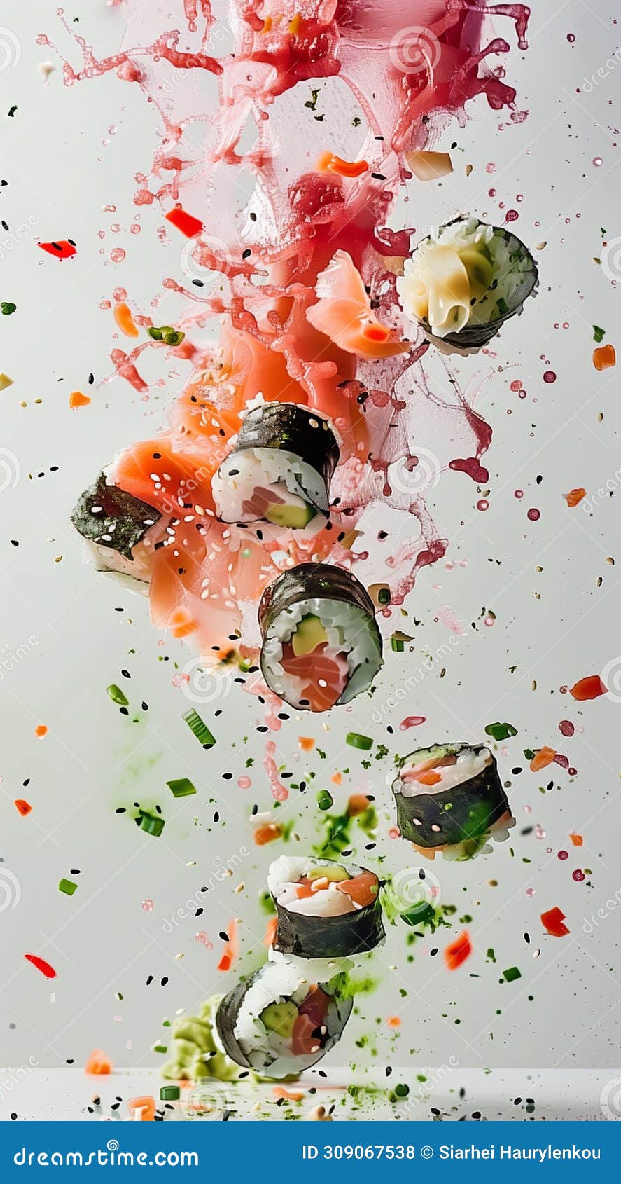 Gastronomic Firework: Sushi Explosion and Sparkling Ingredient Scatter ...
