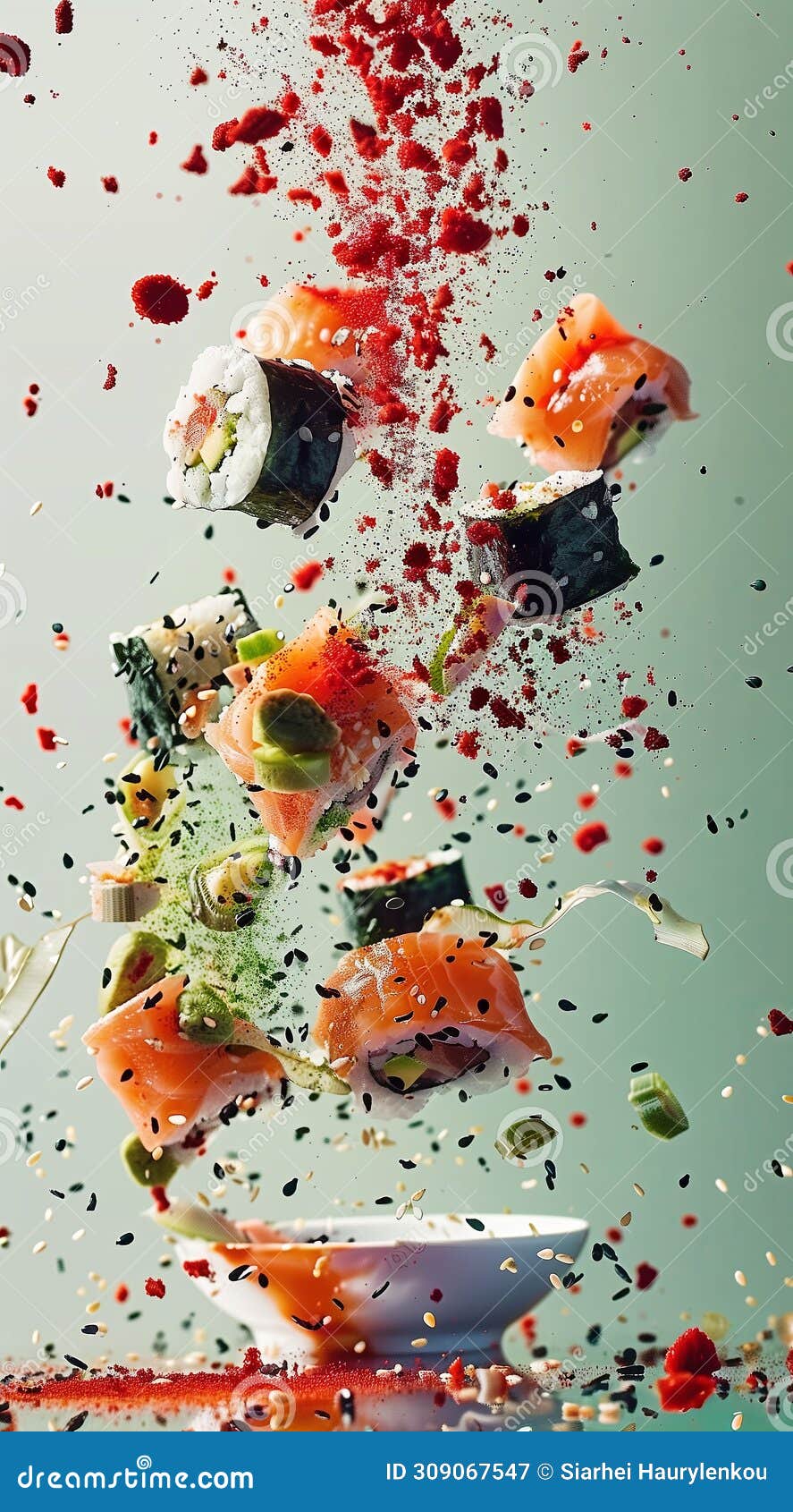 Gastronomic Firework: Sushi Explosion and Sparkling Ingredient Scatter ...