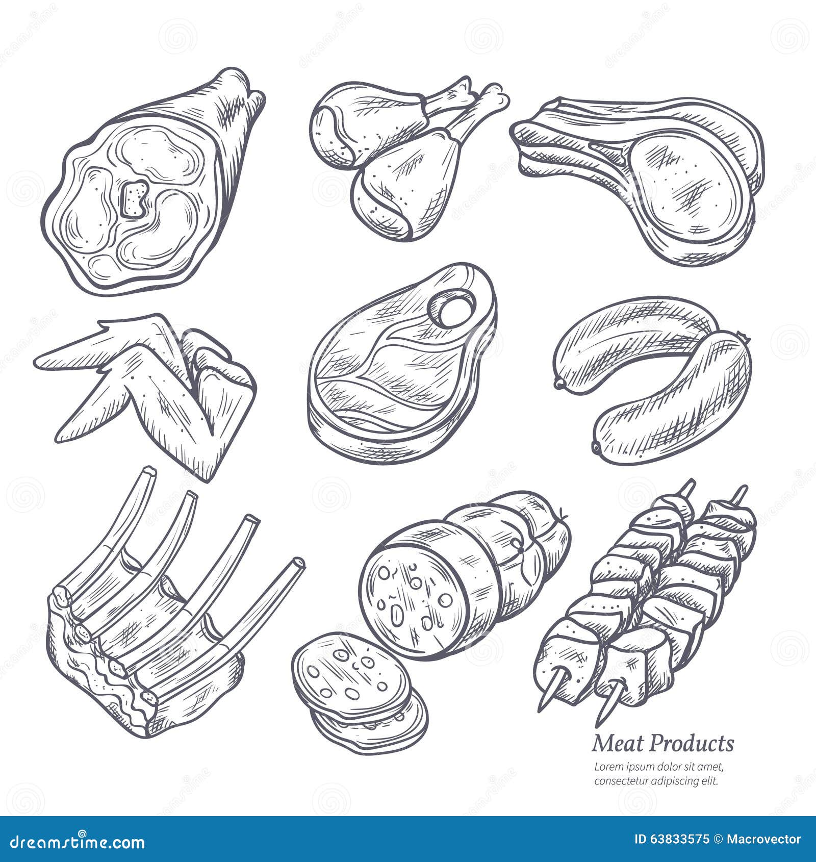Gastronomische Fleischware-Skizzen Vektor Abbildung - Illustration von ...