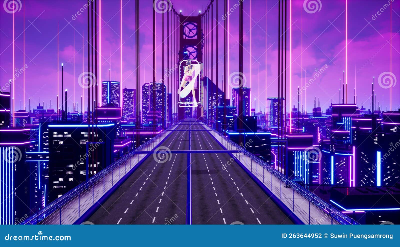 Gate Bridge To Metaverse City, 3d Render Stock Illustration ...