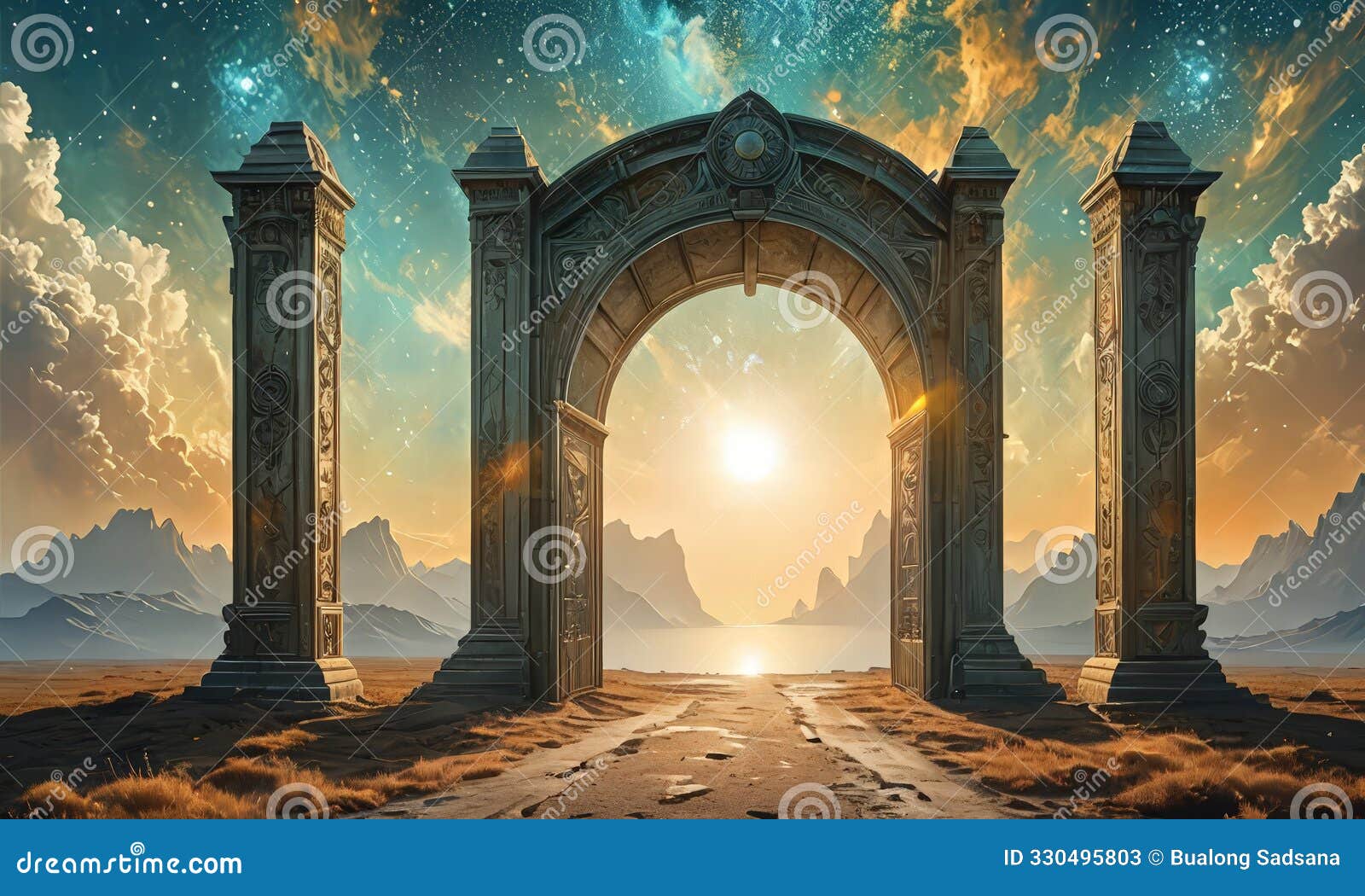 Gate in the middle desert stock illustration. Illustration of sunrise ...