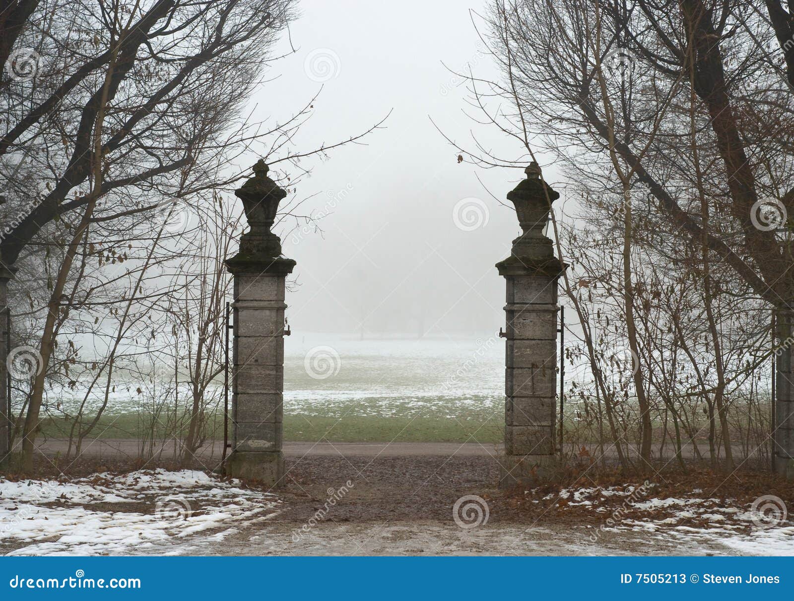 Gate onto a Foggy Field stock image. Image of driveway - 7505213