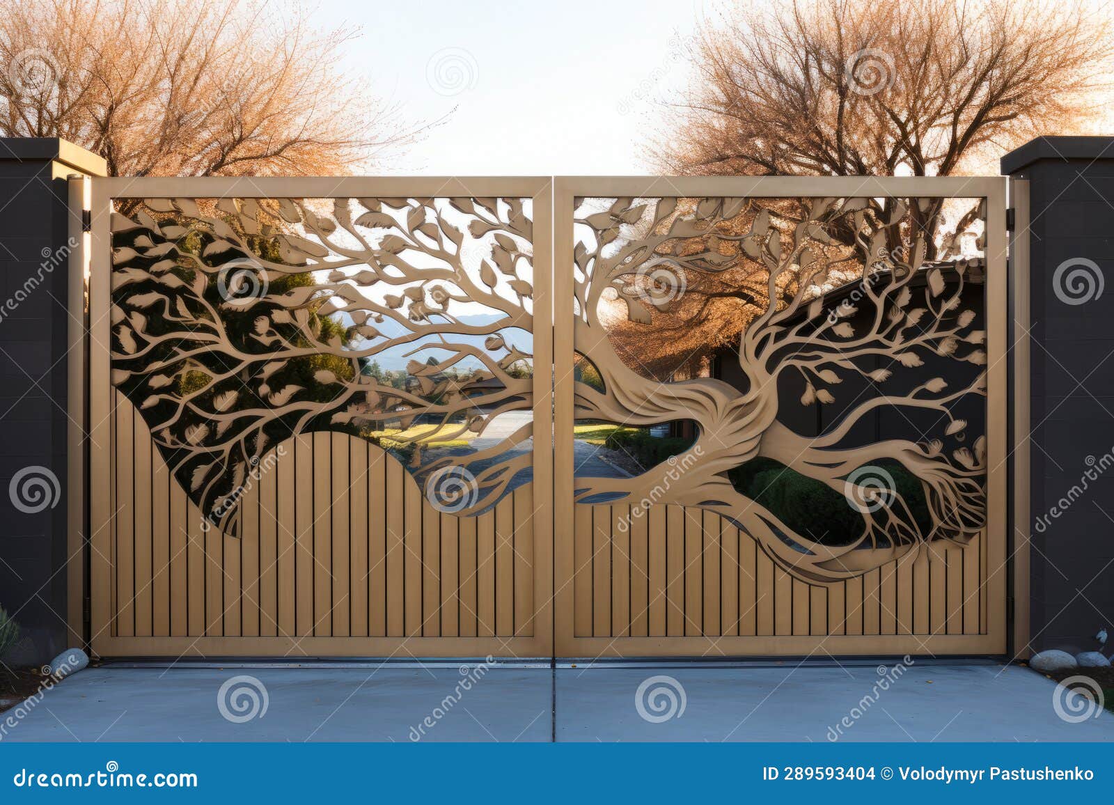 Gate with Tree Design on it and Blue Floor. Generative AI Stock Photo ...