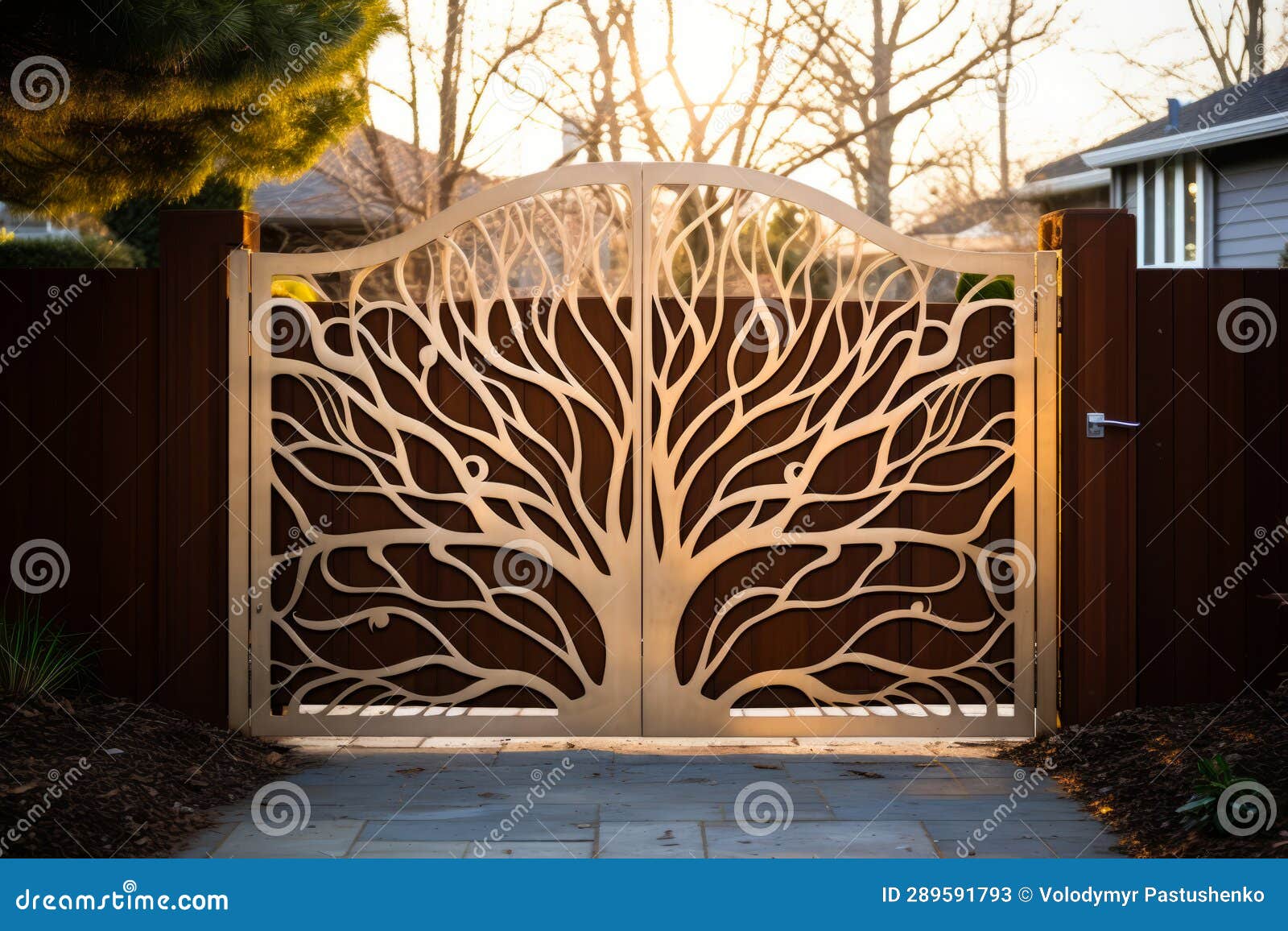 Gate with Tree Design on it and Stone Walkway. Generative AI Stock ...