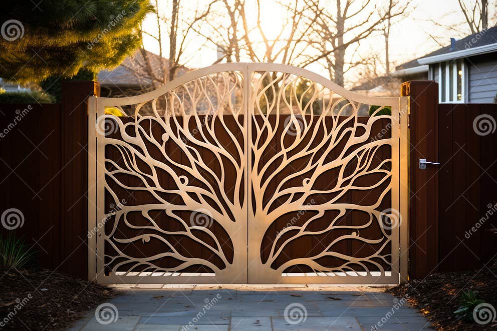 Gate with Tree Design on it and Stone Walkway. Generative AI Stock ...