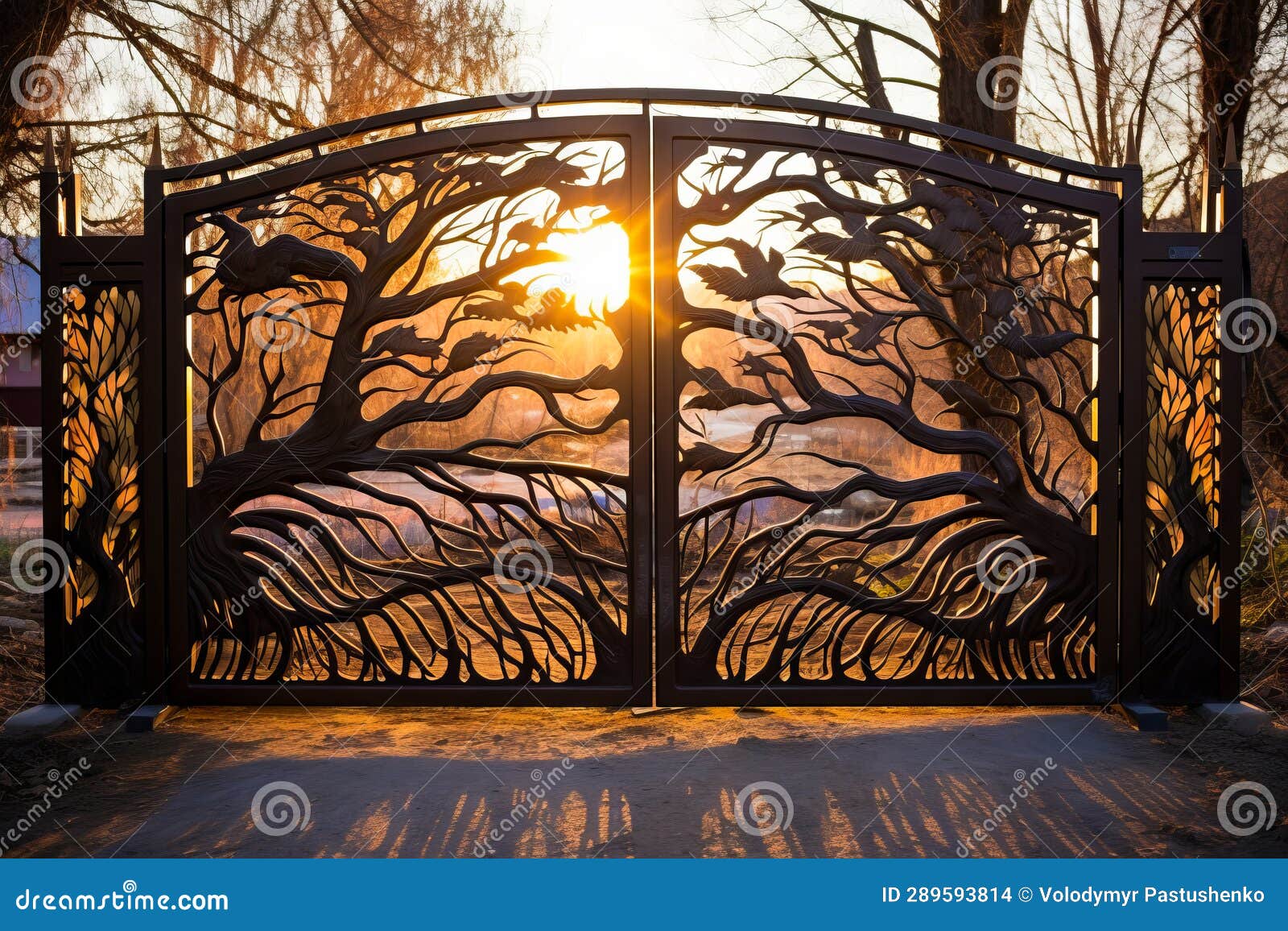 Gate with Tree Design and the Sun Setting Behind it. Generative AI ...