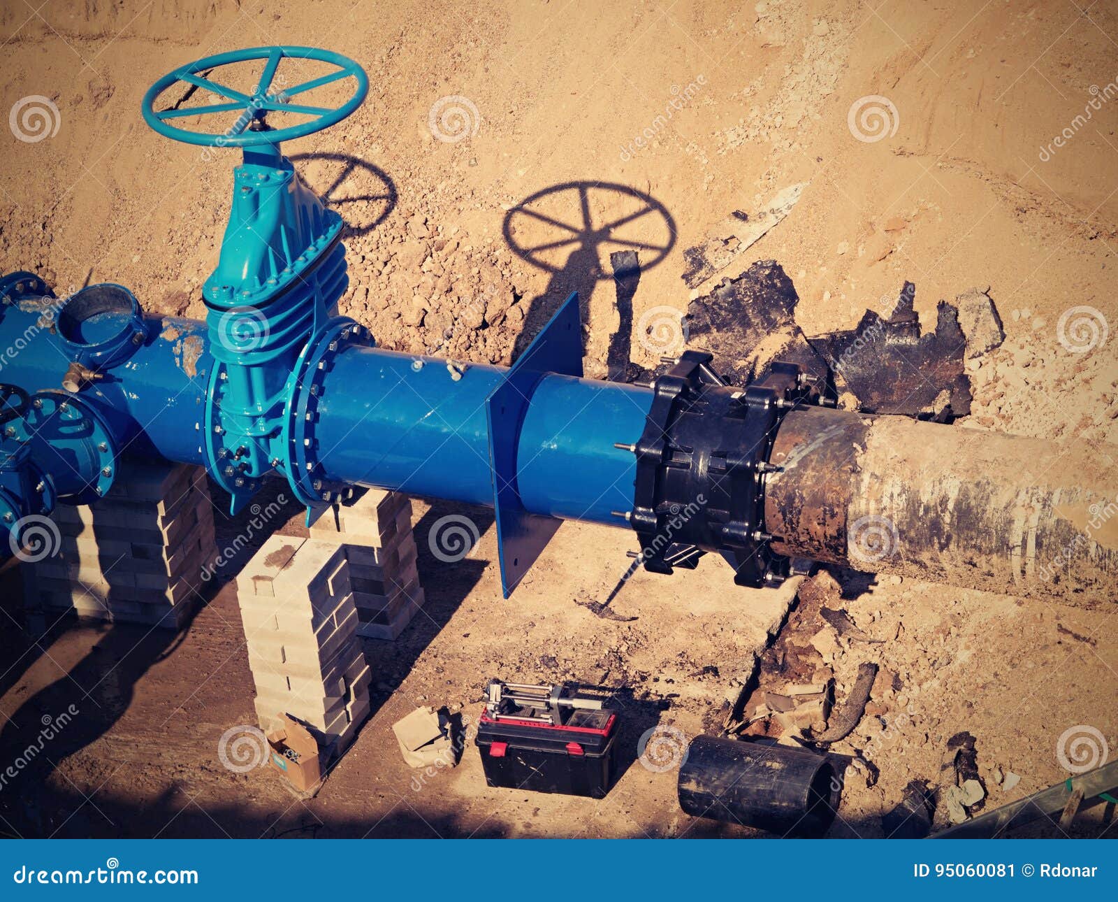 Gate Valves Underground, Water Pipeline Valve on a Blue Pipeline after ...