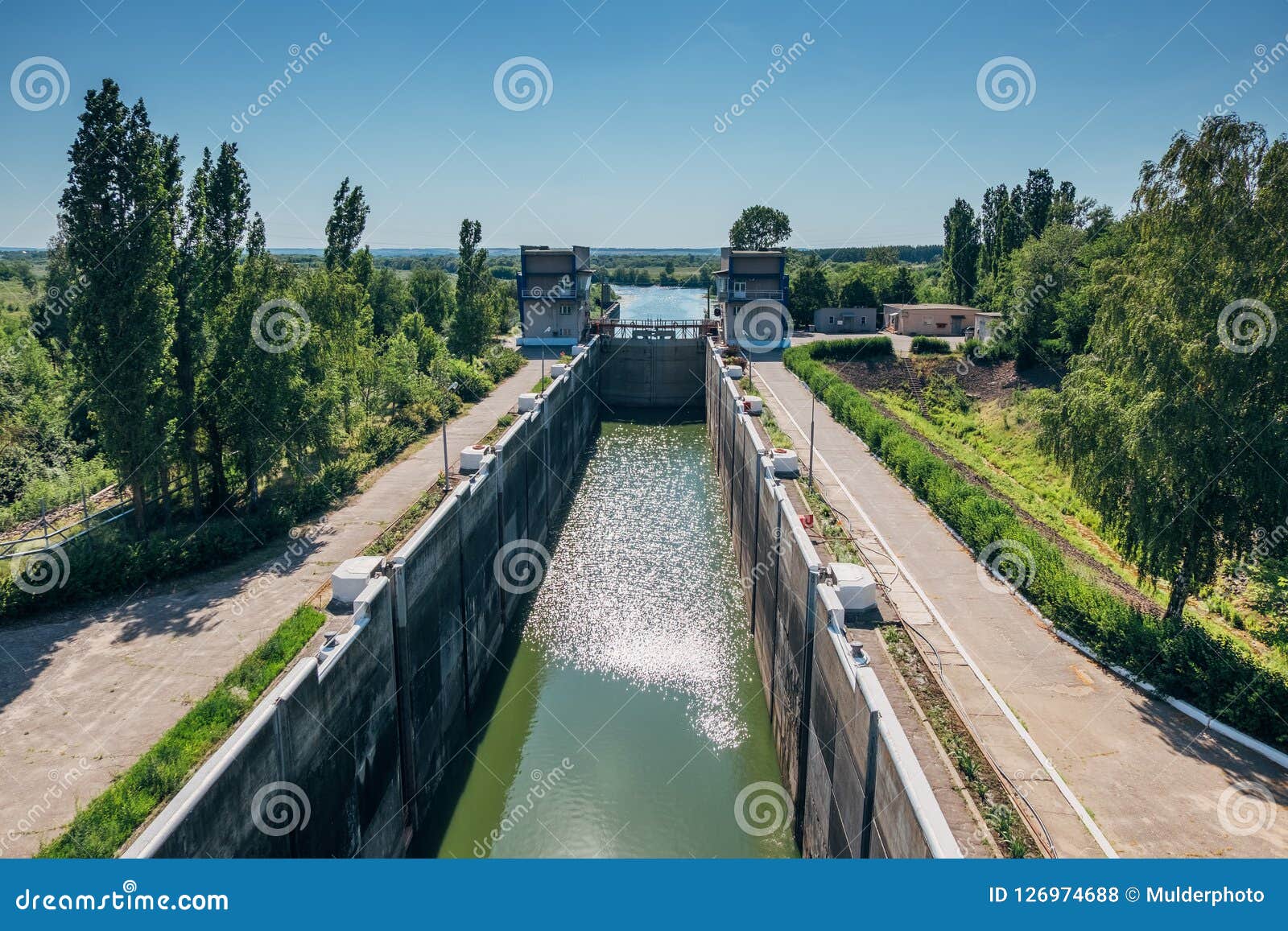 Gateway Lock Sluice Construction on River Dam for Passing Ships and ...