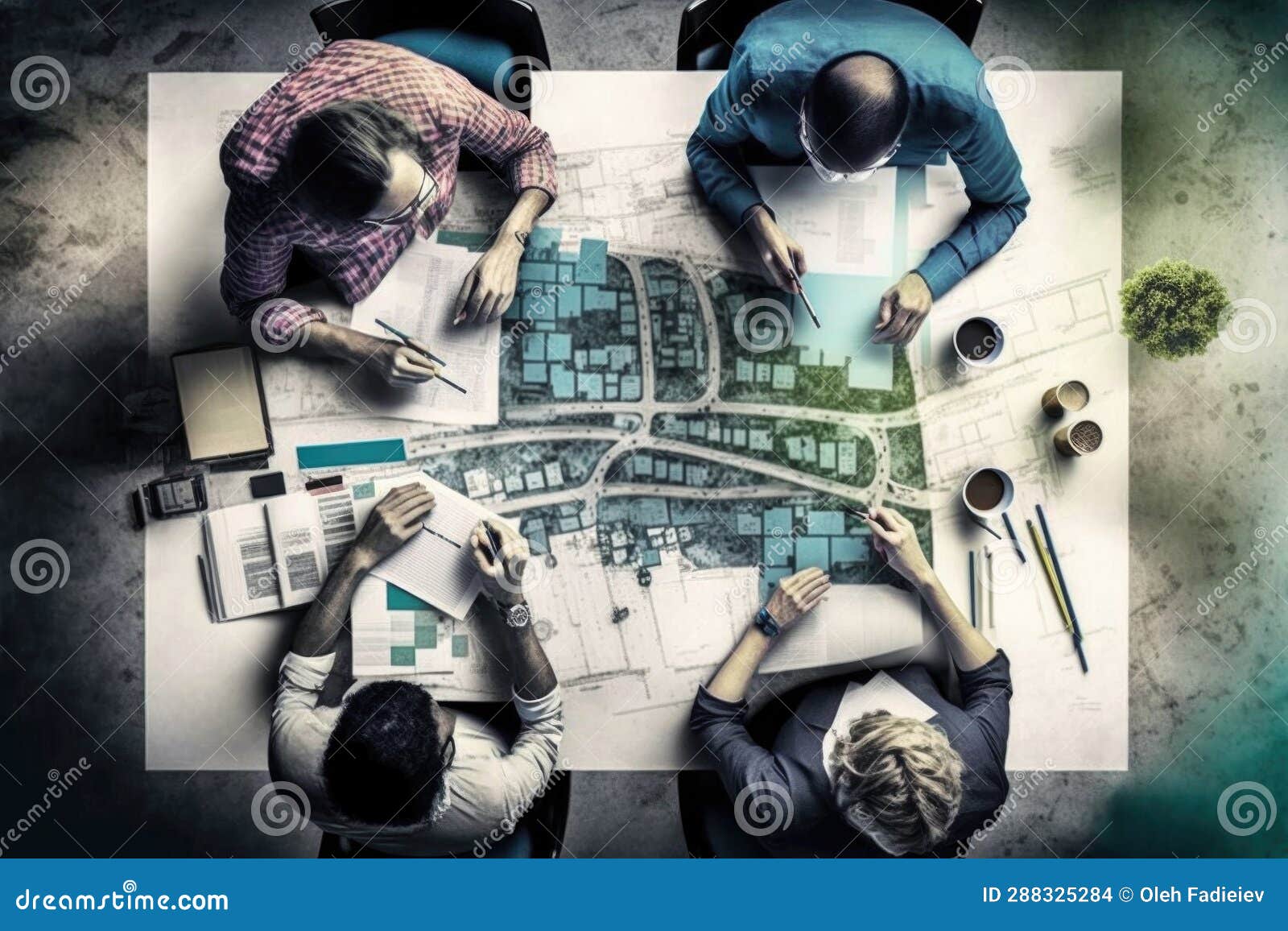 Architects Working on Blueprint at Office Table, Architectural Project ...