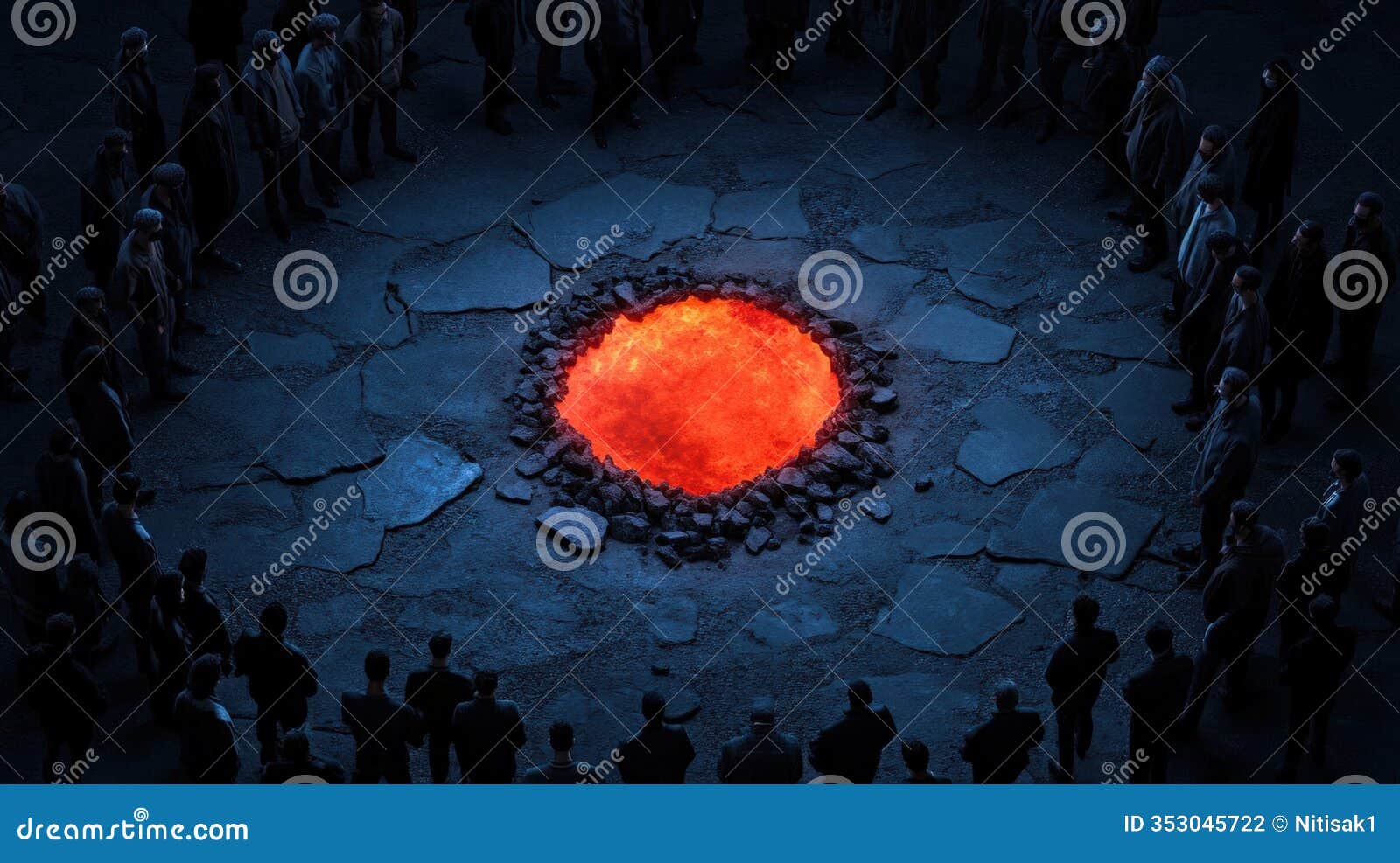 Gathering Around a Glowing Molten Lava Pit in a Dramatic Dark ...