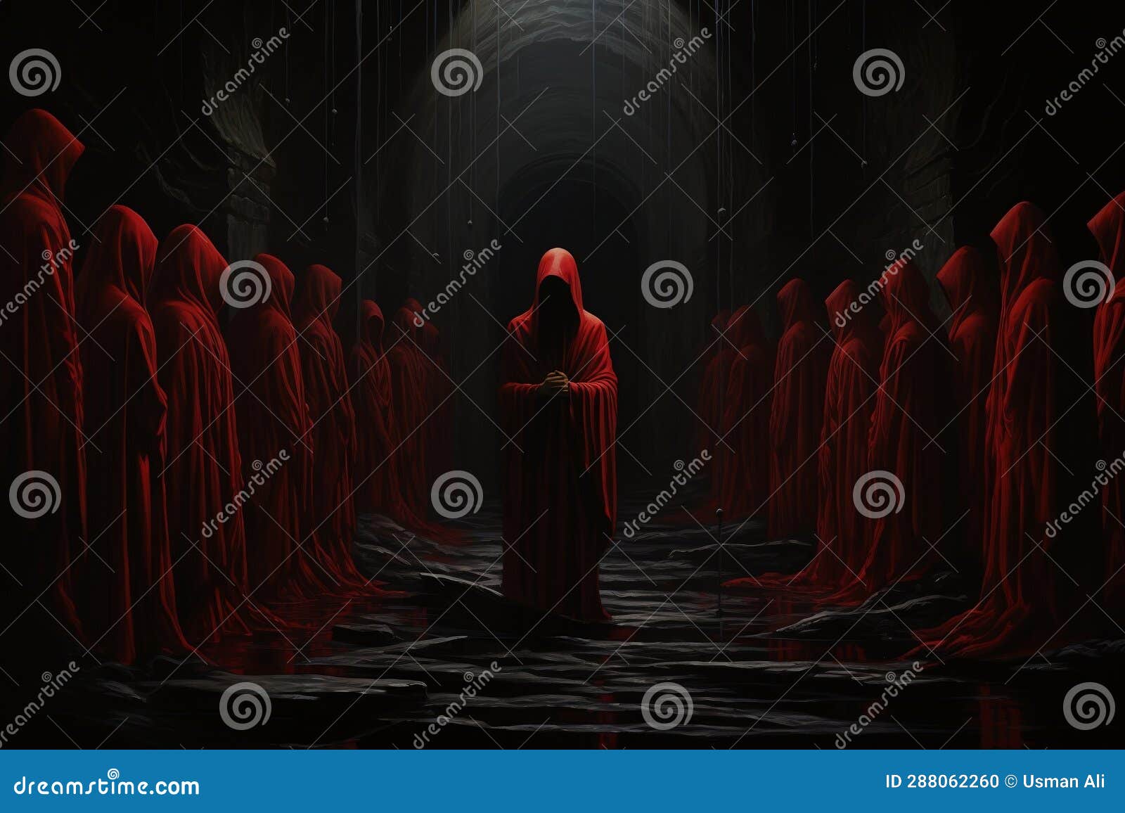 Gathering of Hooded Red Figures in a Dark Room. AI Stock Illustration ...