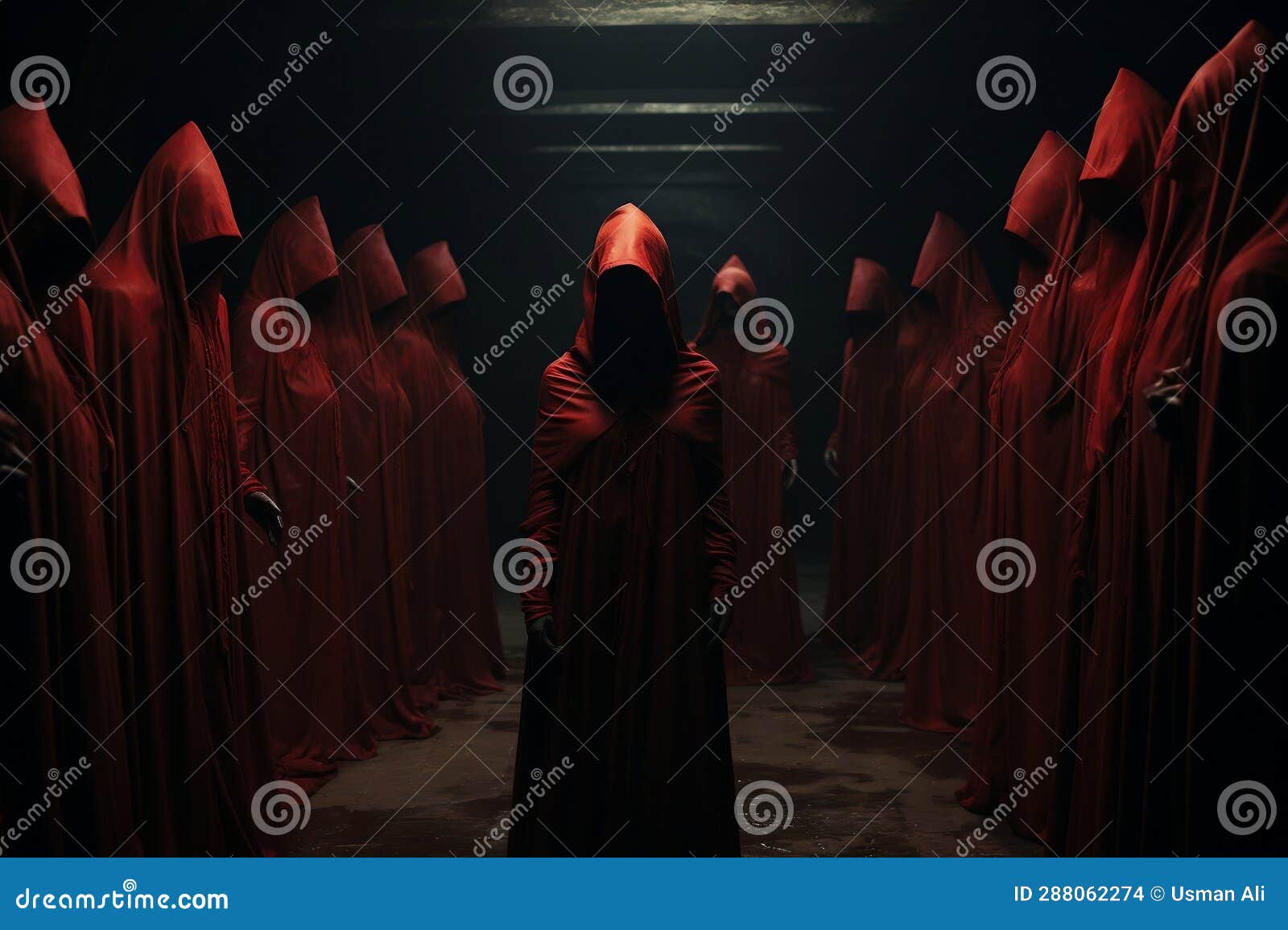 Gathering of Hooded Red Figures in a Dark Room. AI Stock Illustration ...