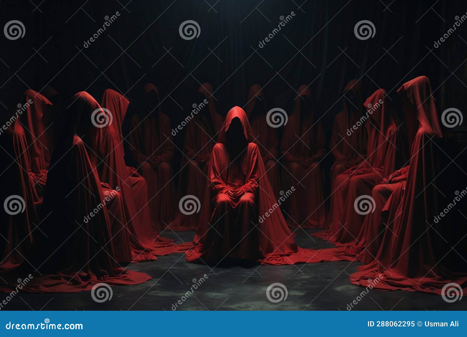 Gathering of Hooded Red Figures in a Dark Room. AI Stock Illustration ...