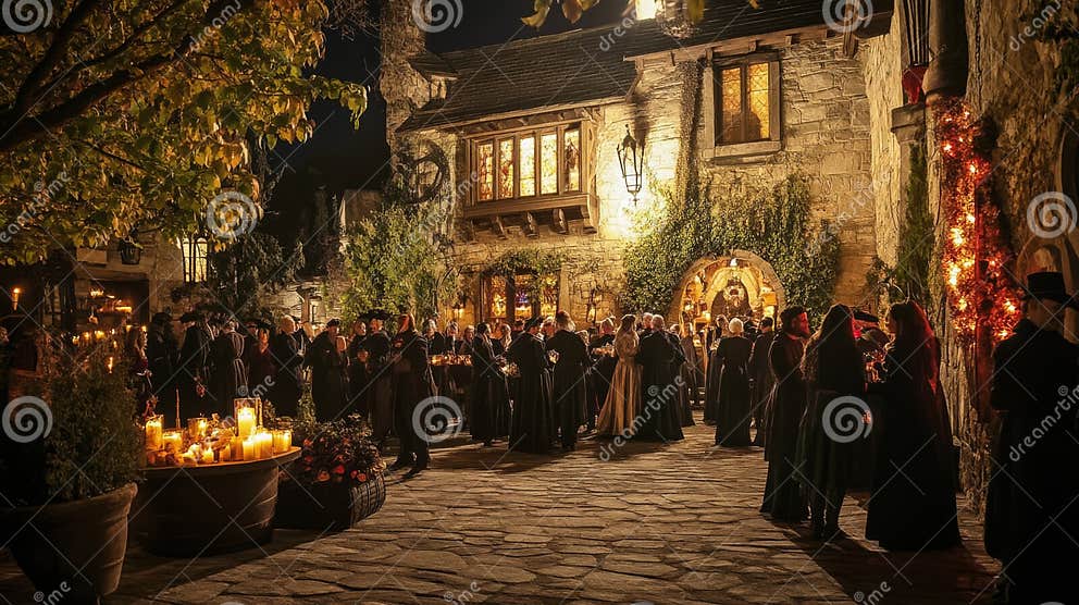 A Gathering of People in Medieval Attire at a Stone Castle Courtyard at ... A Gathering of People in Medieval Attire at a Stone Castle Courtyard at ...