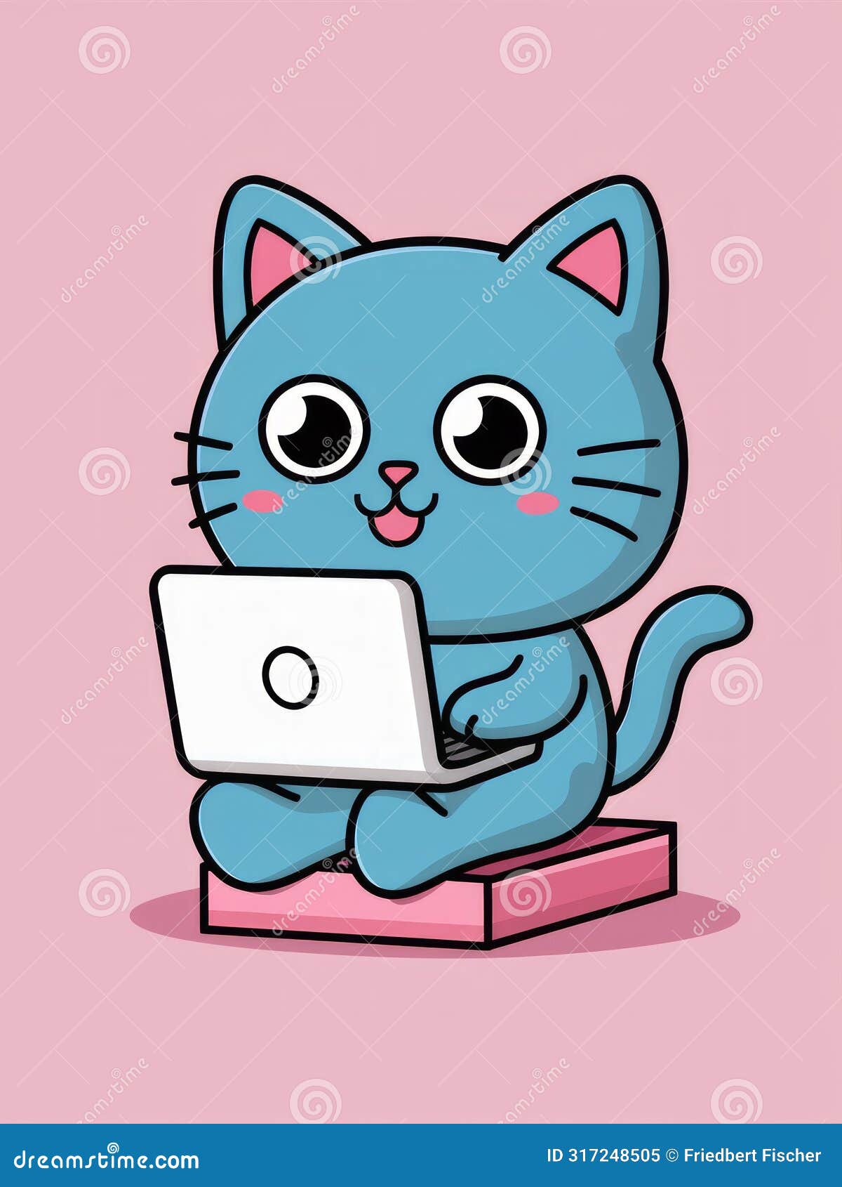 Gatito De Dibujos Animados Azul Adorable Usando Laptop Con Fondo Rosa ... Gatito De Dibujos Animados Azul Adorable Usando Laptop Con Fondo Rosa ...