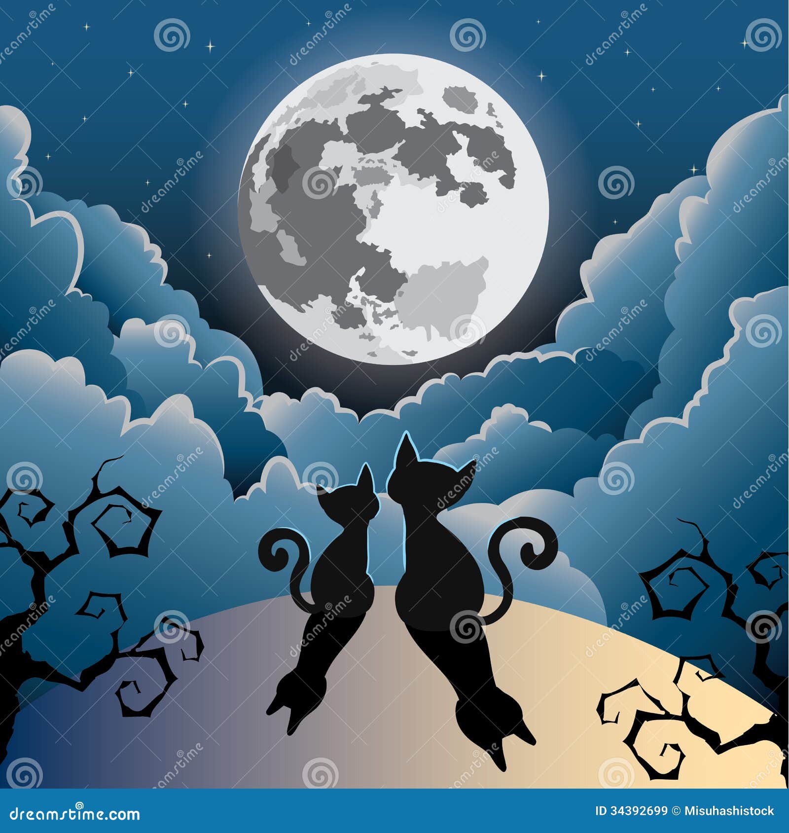 Gato sob a Lua cheia ilustração stock. Ilustração de noite - 34392699