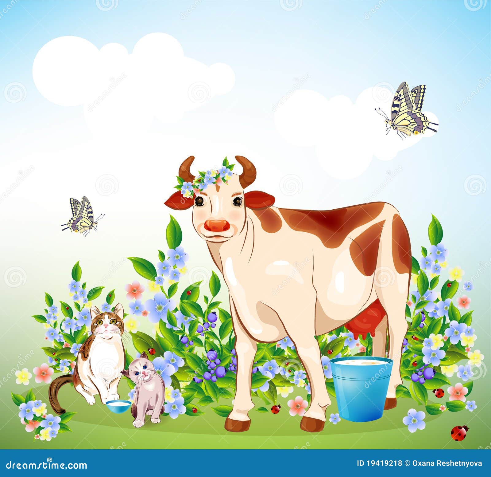 Gatto, gattino e mucca illustrazione vettoriale. Illustrazione di ...