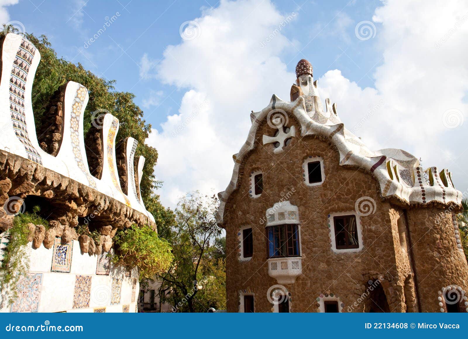 Gaudi`s Building With Tower With Typical Four-armed Cross In Park Guell ...