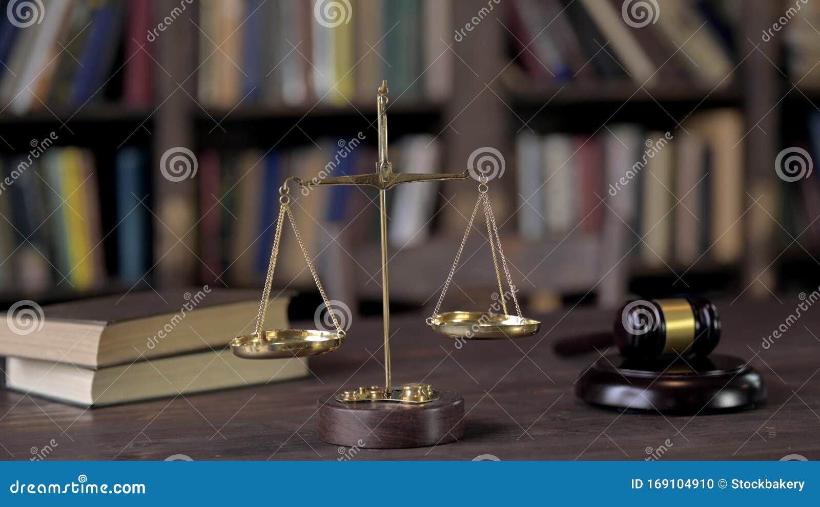 Gavel and Balance Scale on Judge Wooden Table Stock Photo - Image of ...