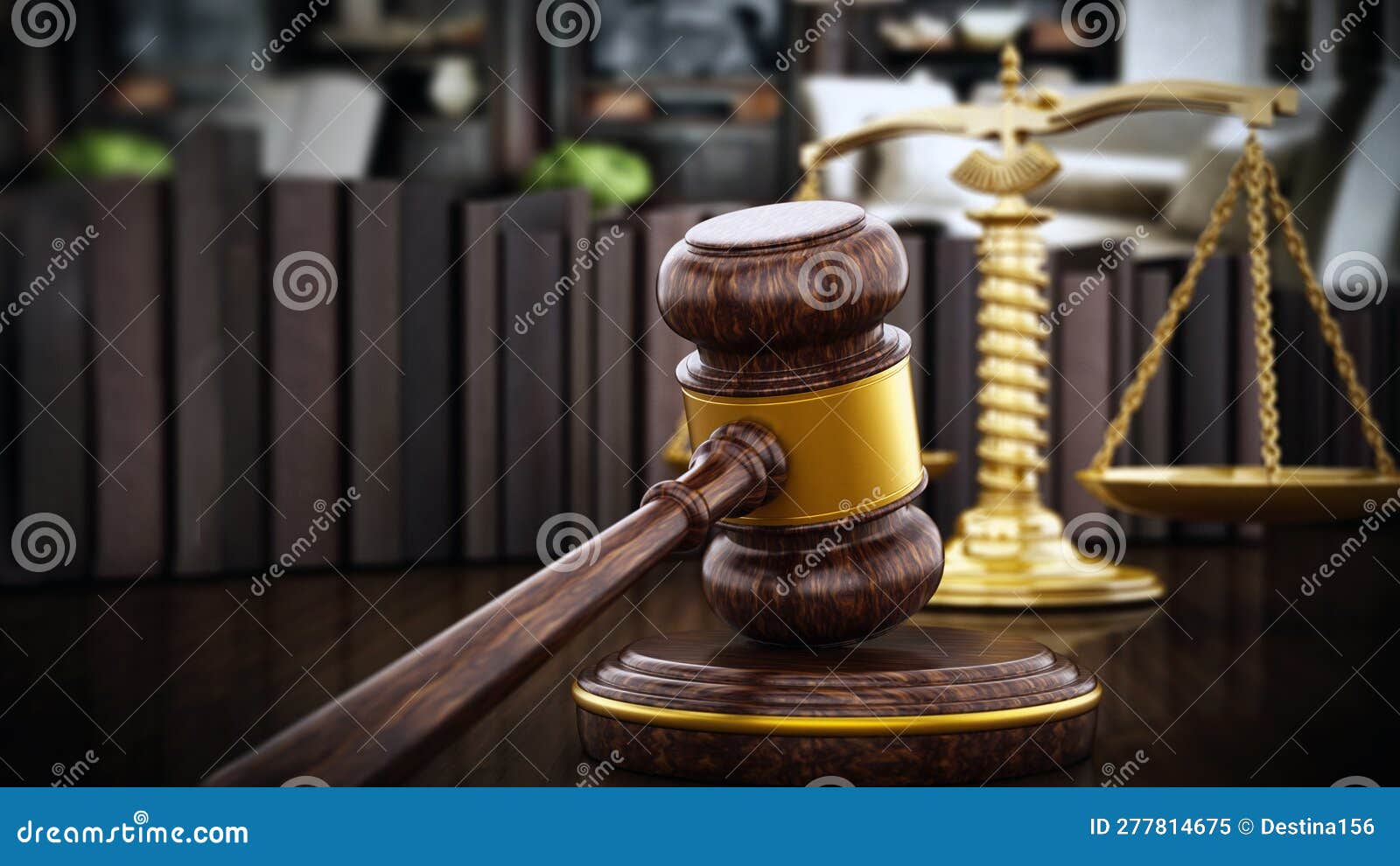 Gavel and Balanced Scale on Wooden Table. 3D Illustration Stock ...