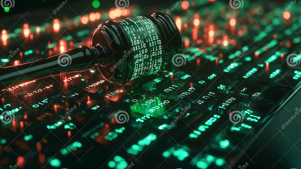 Gavel on a Keyboard with Green Binary Code Stock Photo - Image of ...
