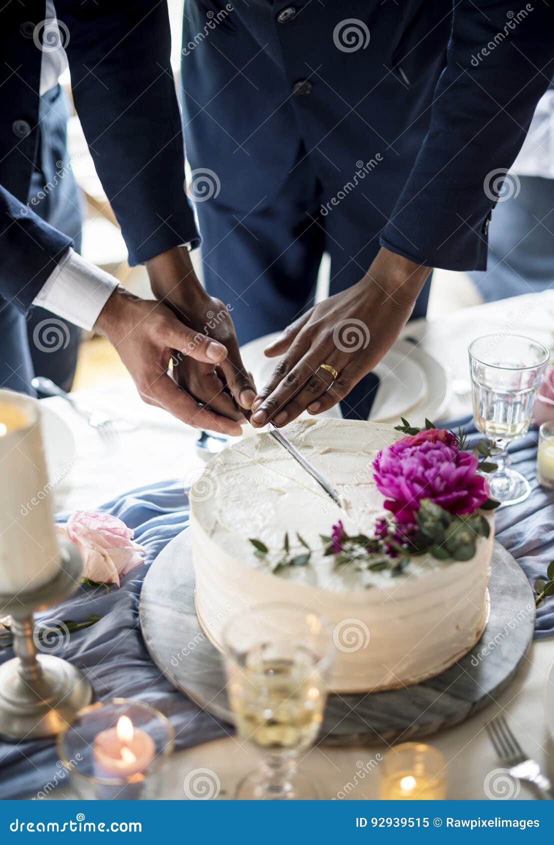 Gay Couple Hands Cutting Wedding Cake Stock Image - Image of happiness ...