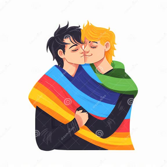 Gay Couple Hugging With Pride Lgbtq Flag Generative Ai Stock