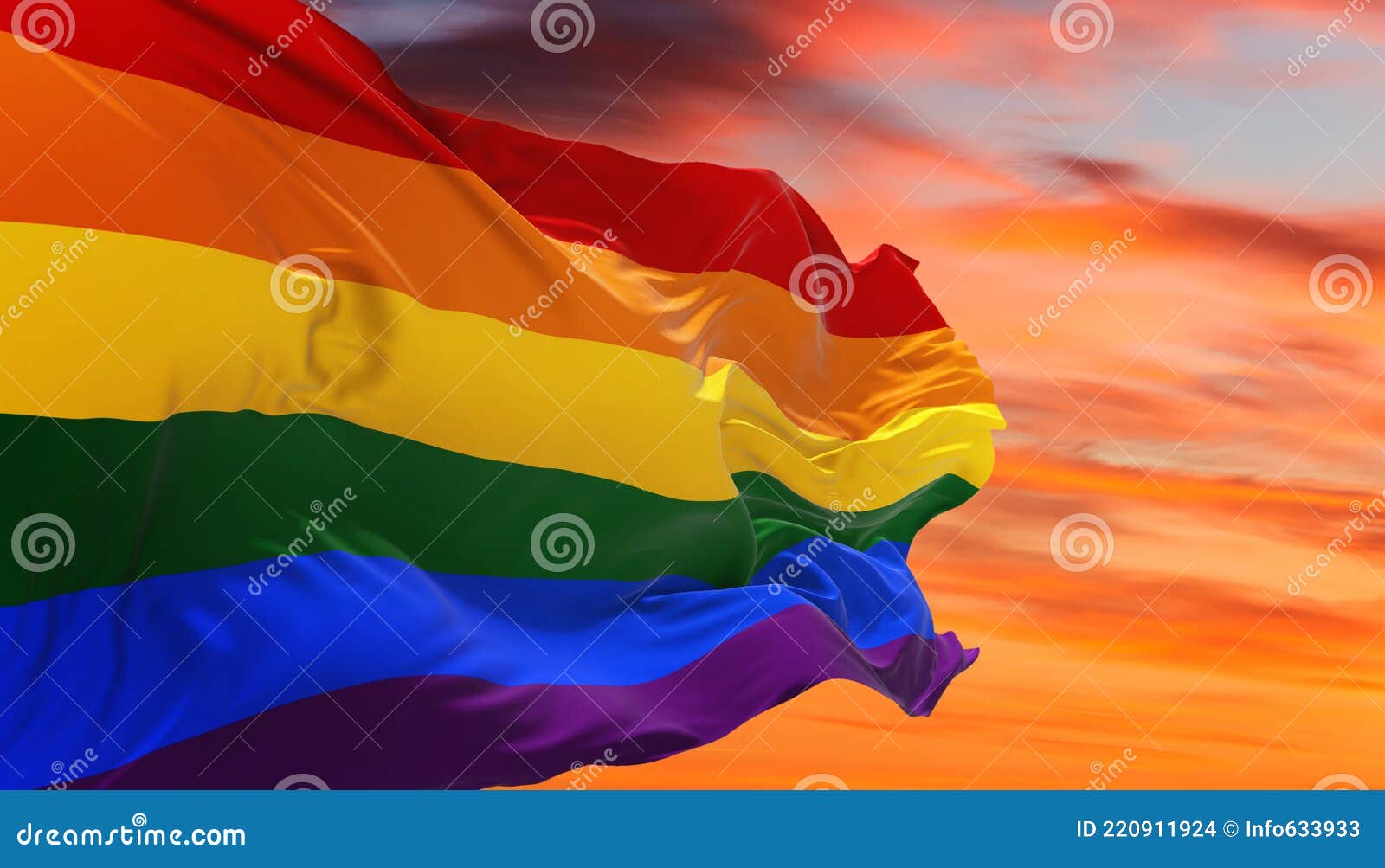 Gay Pride Flag Waving In The Wind At Cloudy Sky Freedom And Love