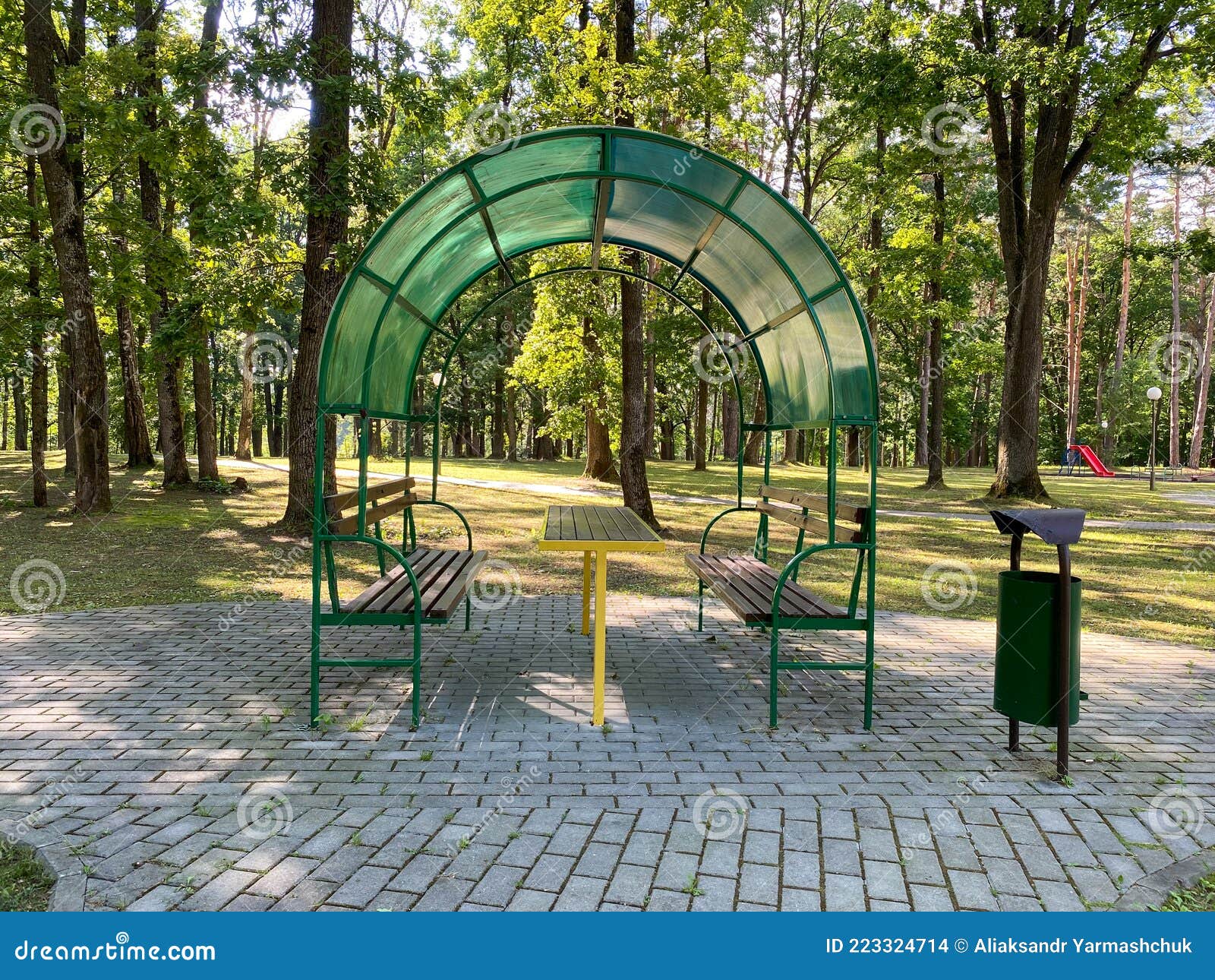 Gazebo with Benches and a Table in the Forest for Relaxation Stock ...