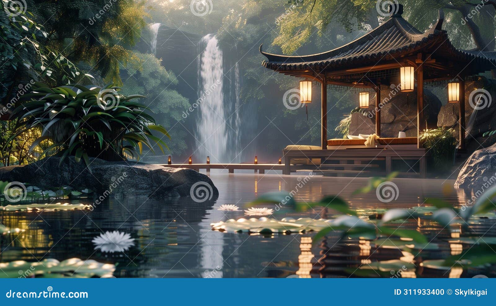 Gazebo Overlooking Pond with Waterfall Stock Photo - Image of flow ...