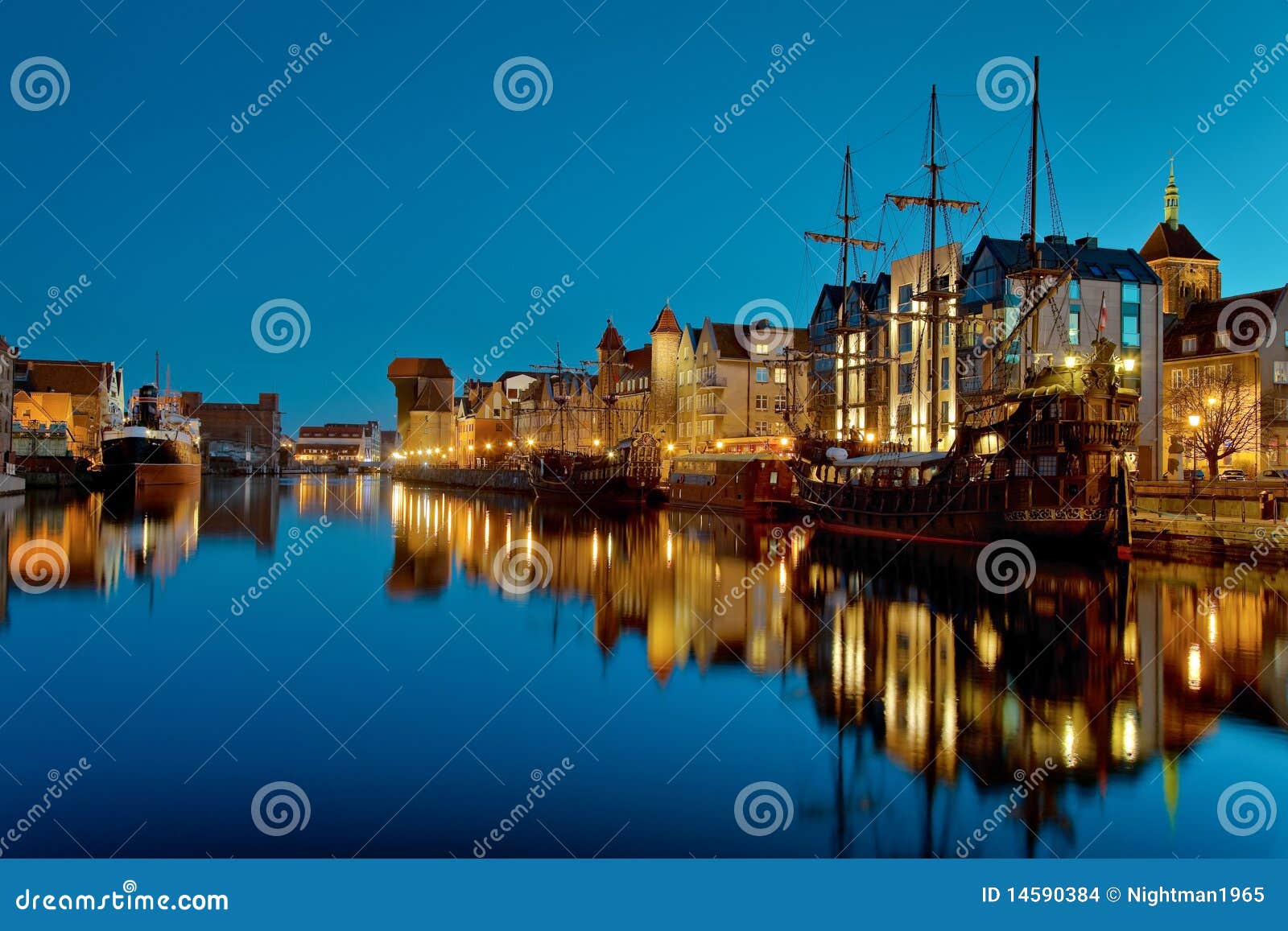 Gdansk of Riverside at Night Stock Photo - Image of naval, dawn: 14590384