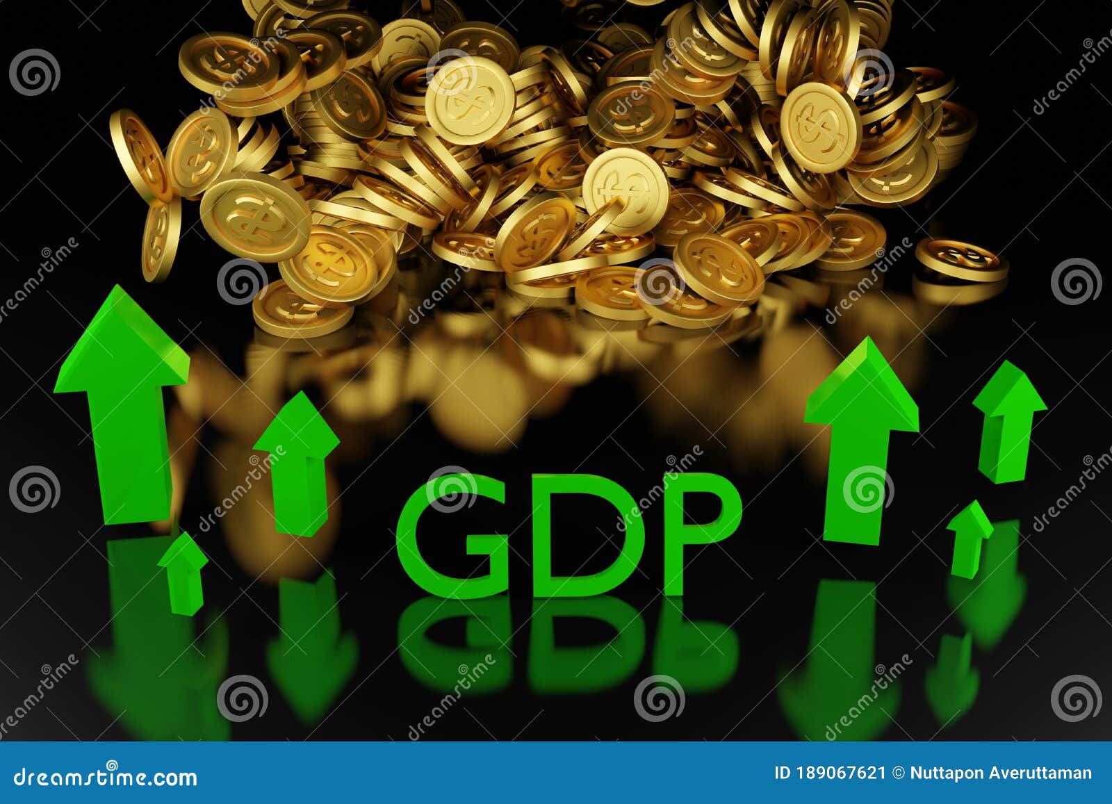 GDP and Up Arrow with Coins Drop. Growth Up Concept .3d Rendering Stock ...
