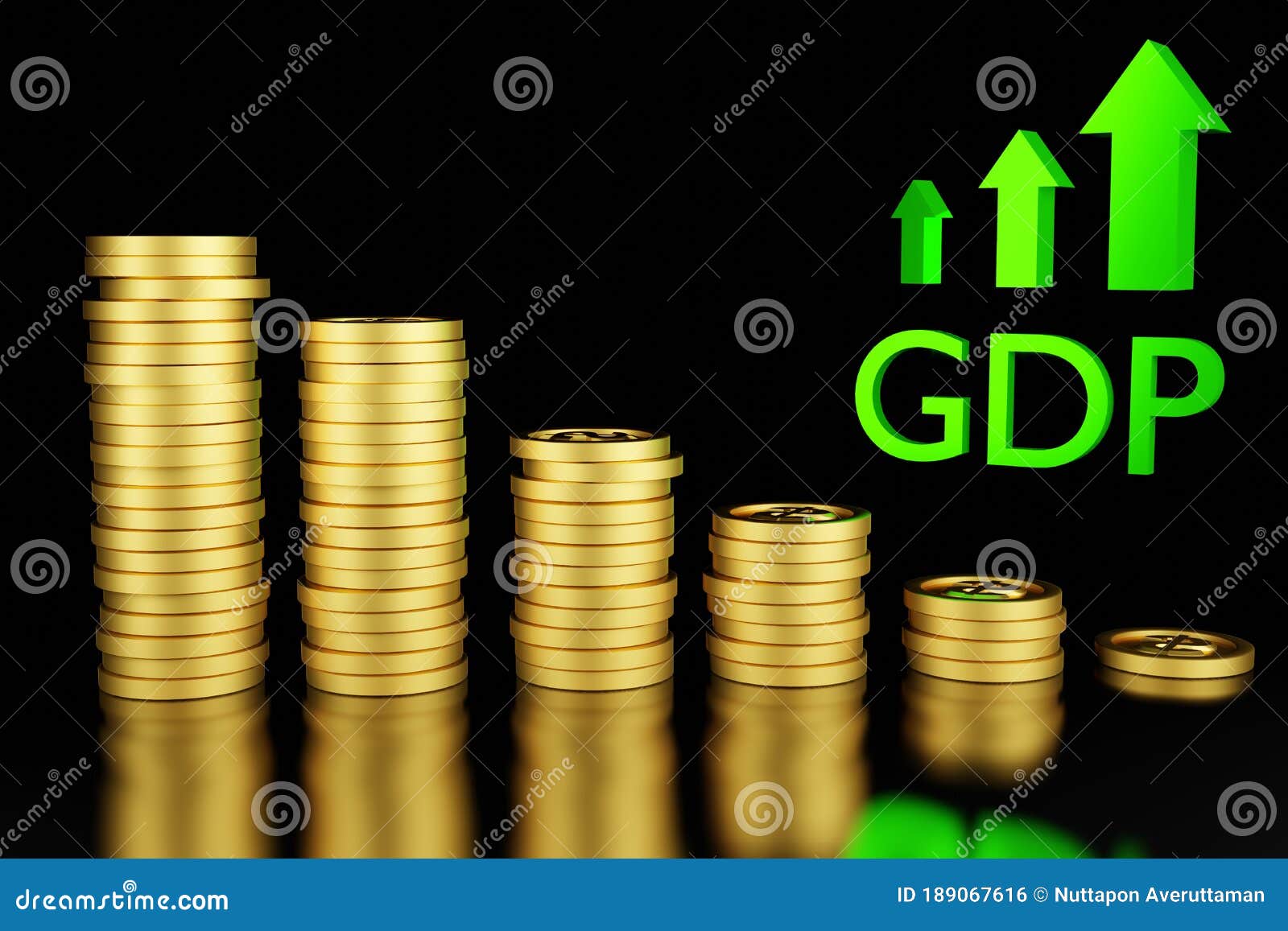 GDP and Up Arrow with Stacks of Coins. Growth Up Concept .3d Rendering ...