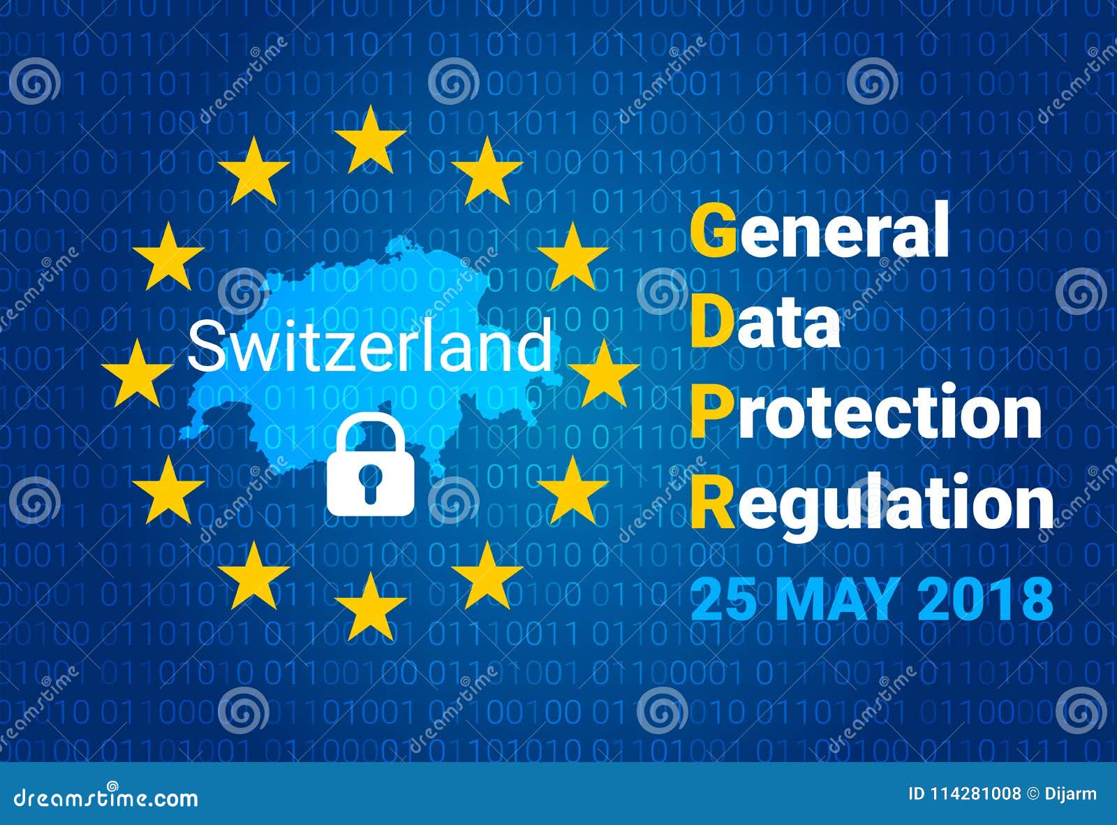 GDPR - General Data Protection Regulation. Map of Switzerland, EU Flag ...