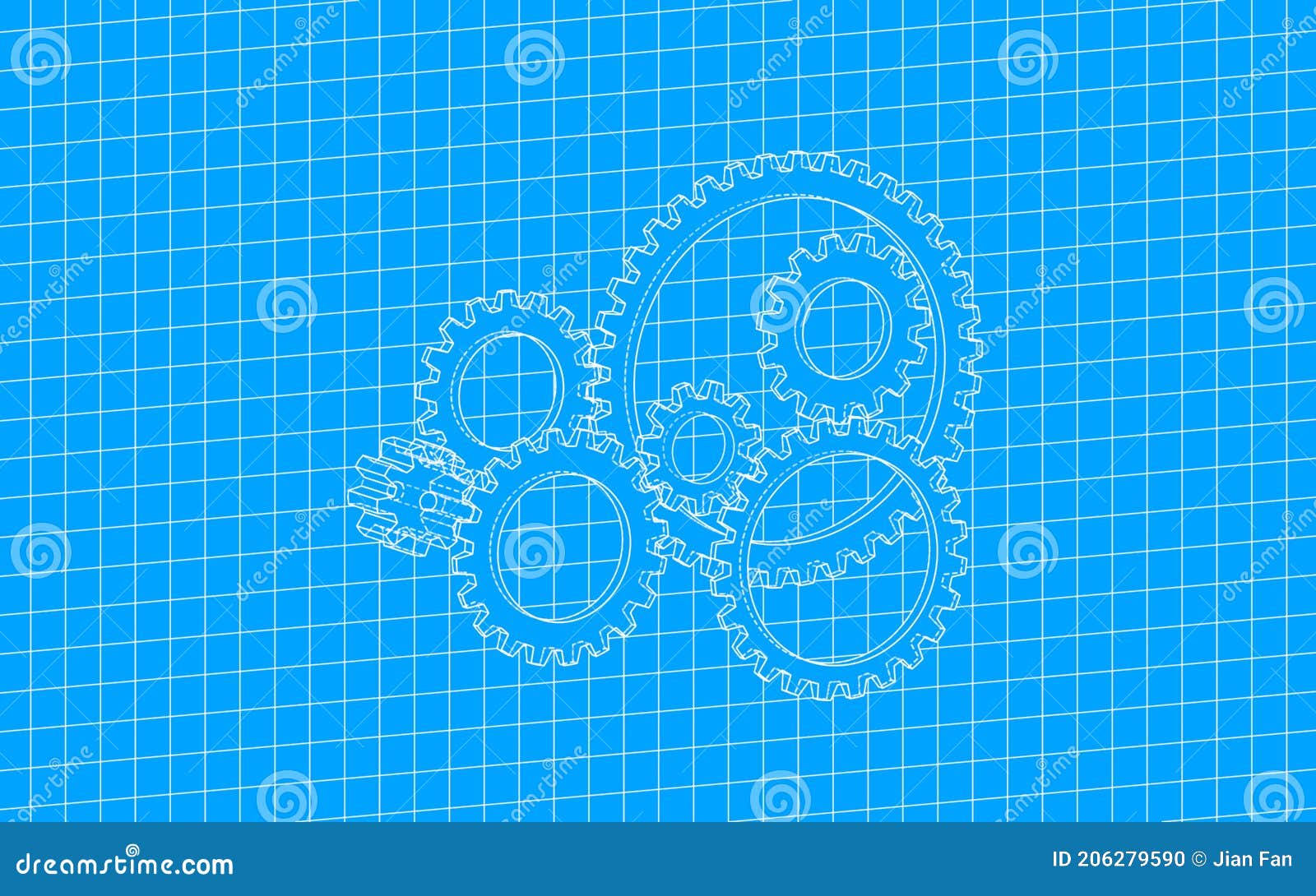 Gear Design with Blueprint Style, Grid Pattern, Raster Illustration ...