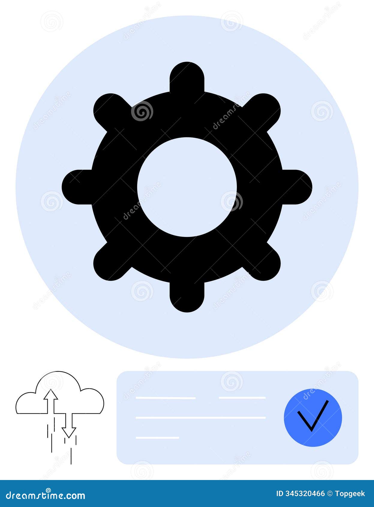 Gear Icon with Cloud Upload and Checkmark, Representing Settings, Cloud Services, and ...