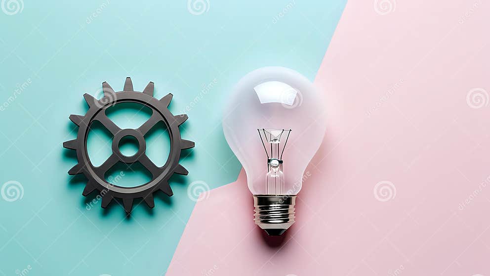 Gear and Light Bulb on Soft Pastel Background, Illustration of ...