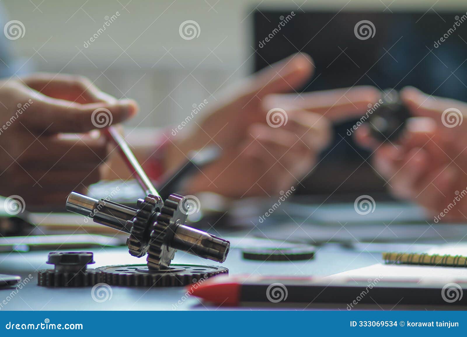 The Gear Set is Placed on the Workbench of a Team of Factory Mechanical Engineers To Study and ...