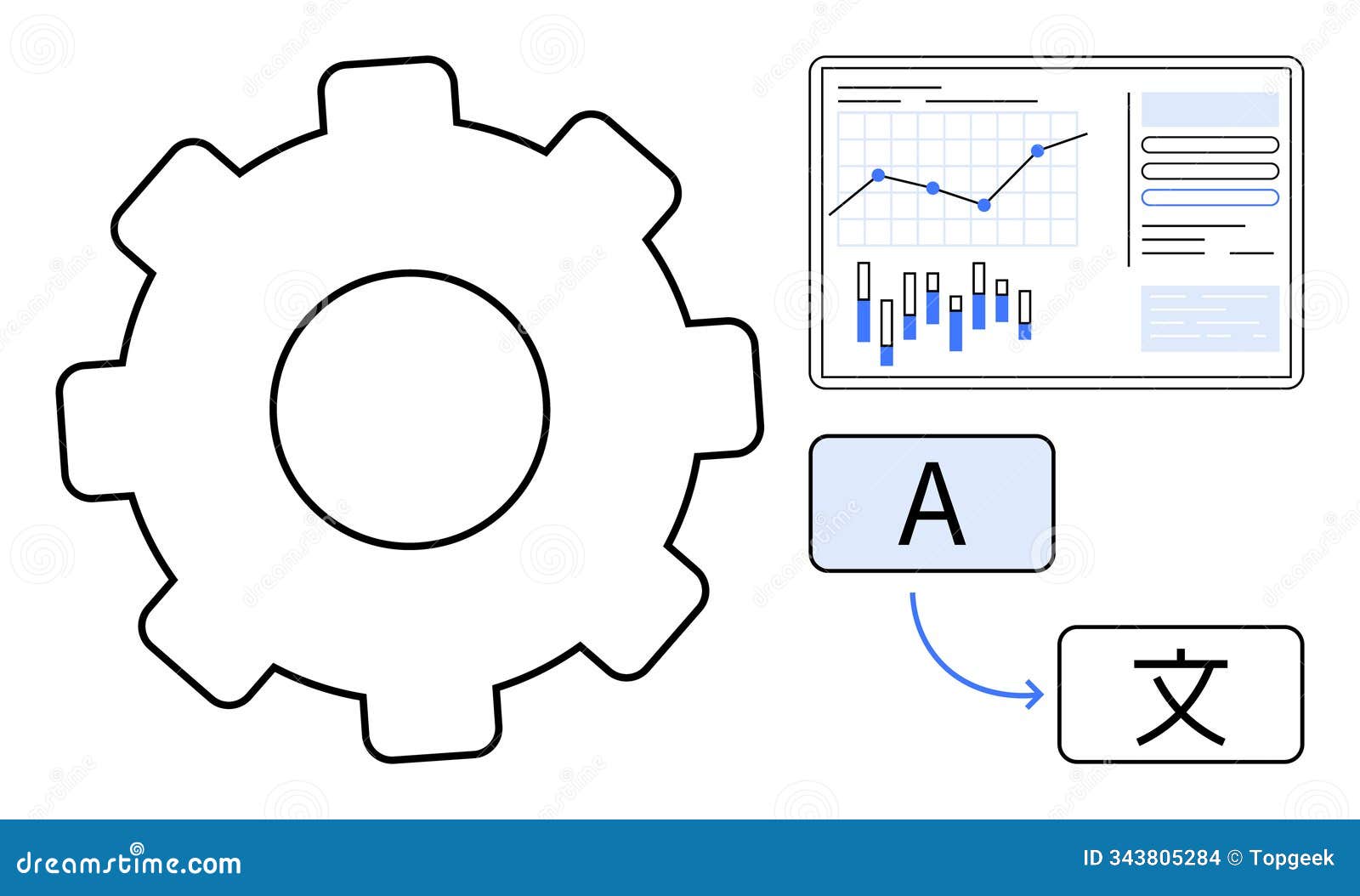 Gear Symbol with Data Analytics Screen and Language Translation Icons ...